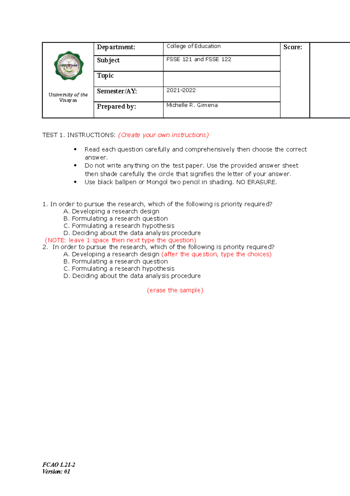 Multiple Choice Exam Template - University of the Visayas Department ...