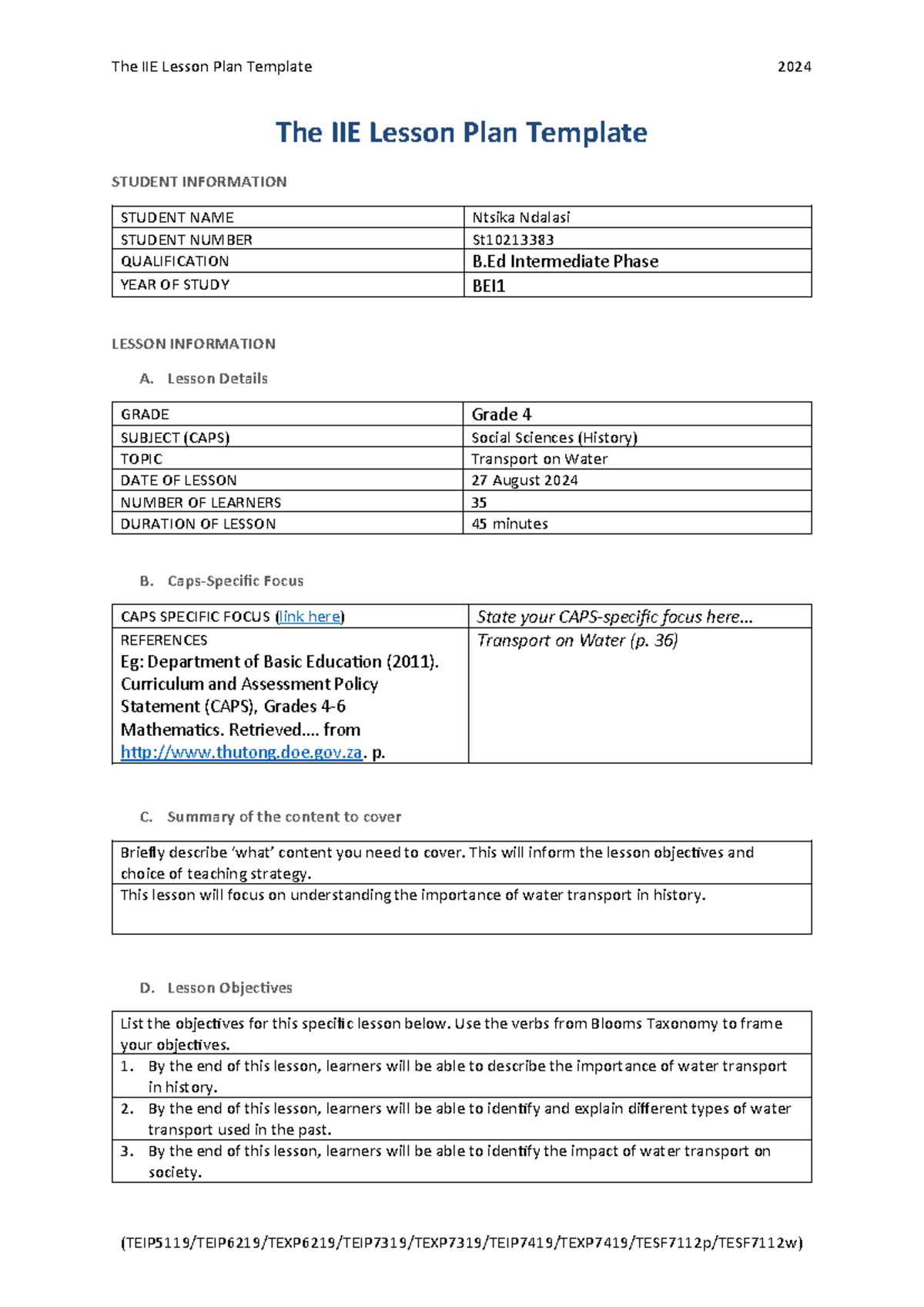 Lesson plan social science - The IIE Lesson Plan Template STUDENT ...