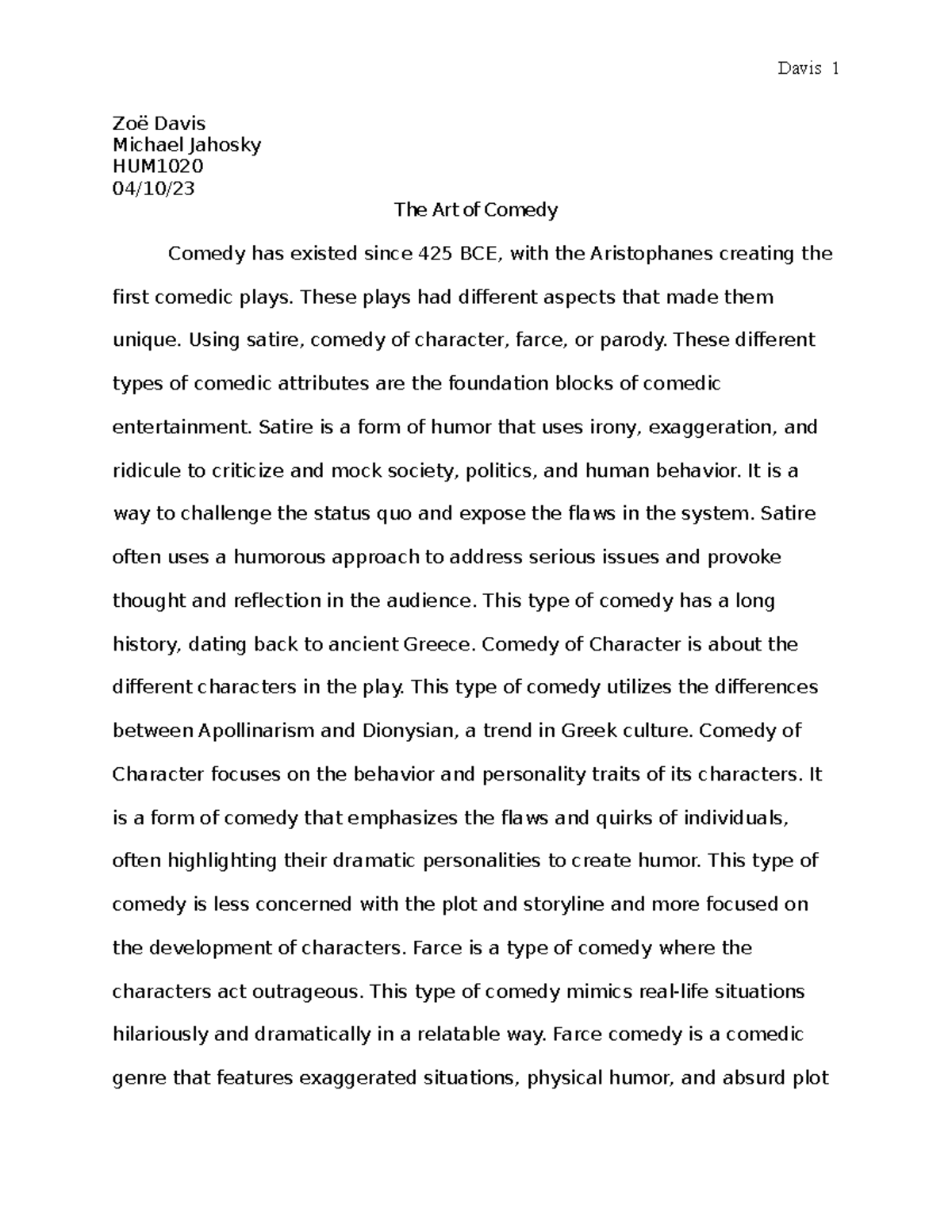 Mod 7 HUM1020 - essay - Davis 1 Zoë Davis Michael Jahosky HUM 04/10 ...