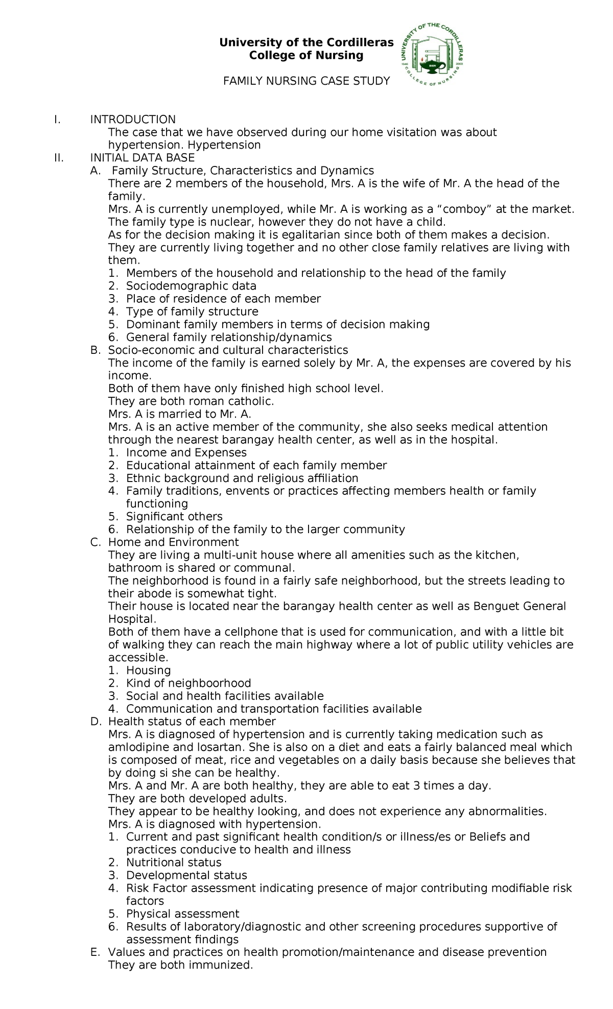 Family Case study sample - University of the Cordilleras College of ...