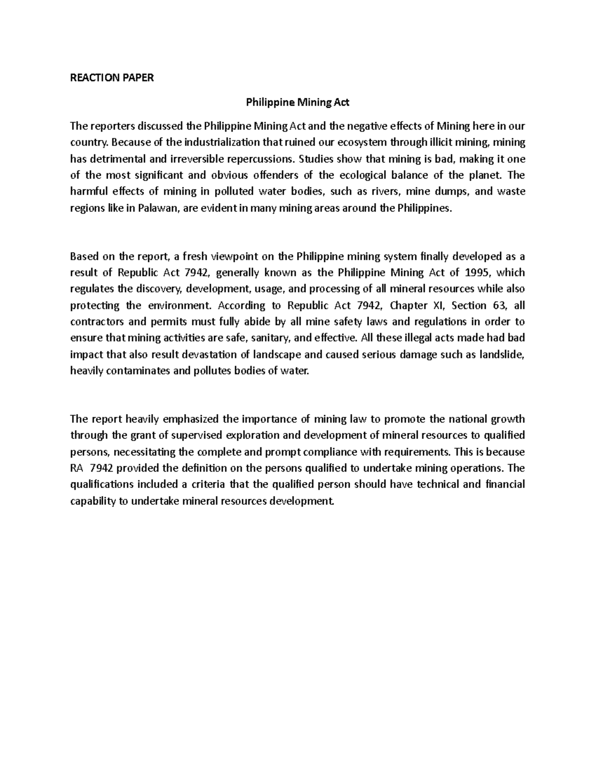 Reaction Paper - Philippine Mining Act - REACTION PAPER Philippine ...