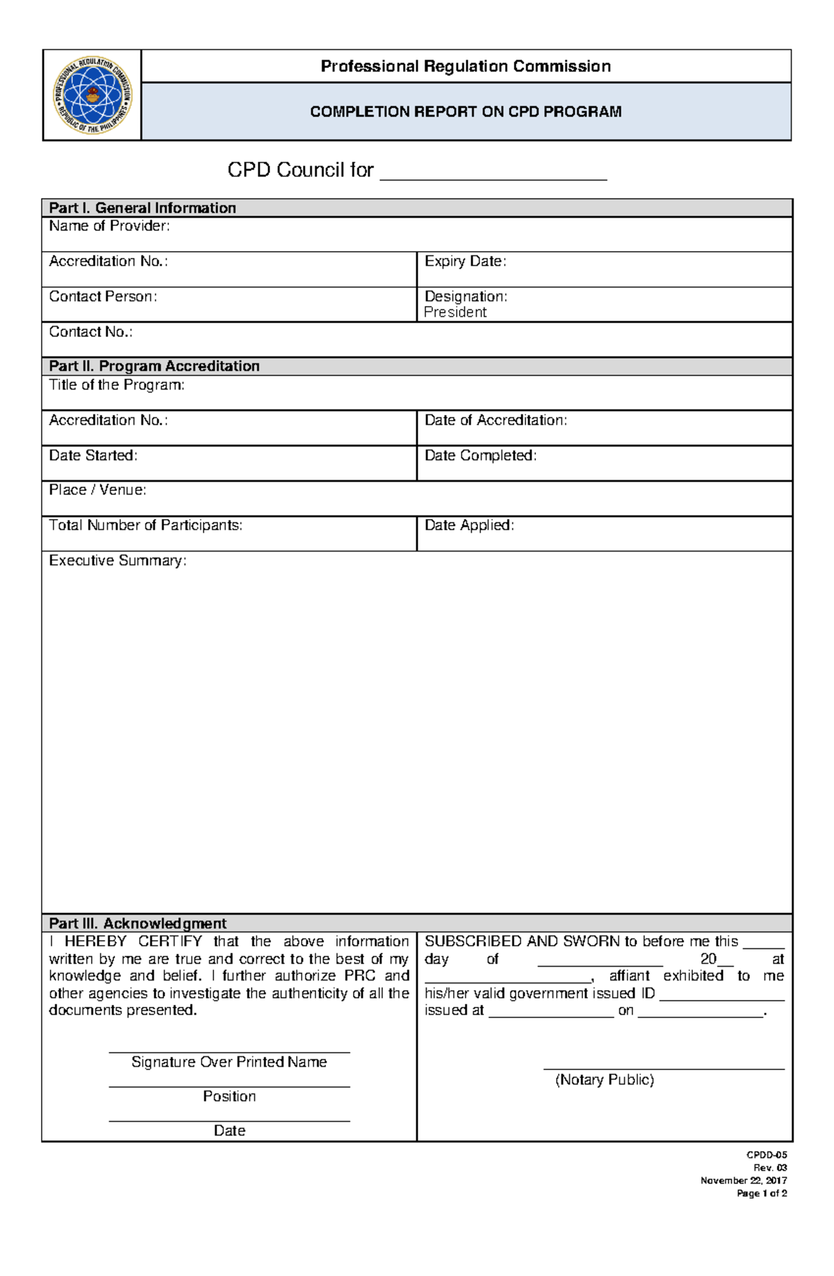 CPD Completion Form - Sample - CPDD- 05 Rev. 03 November 22, 2017 Page ...