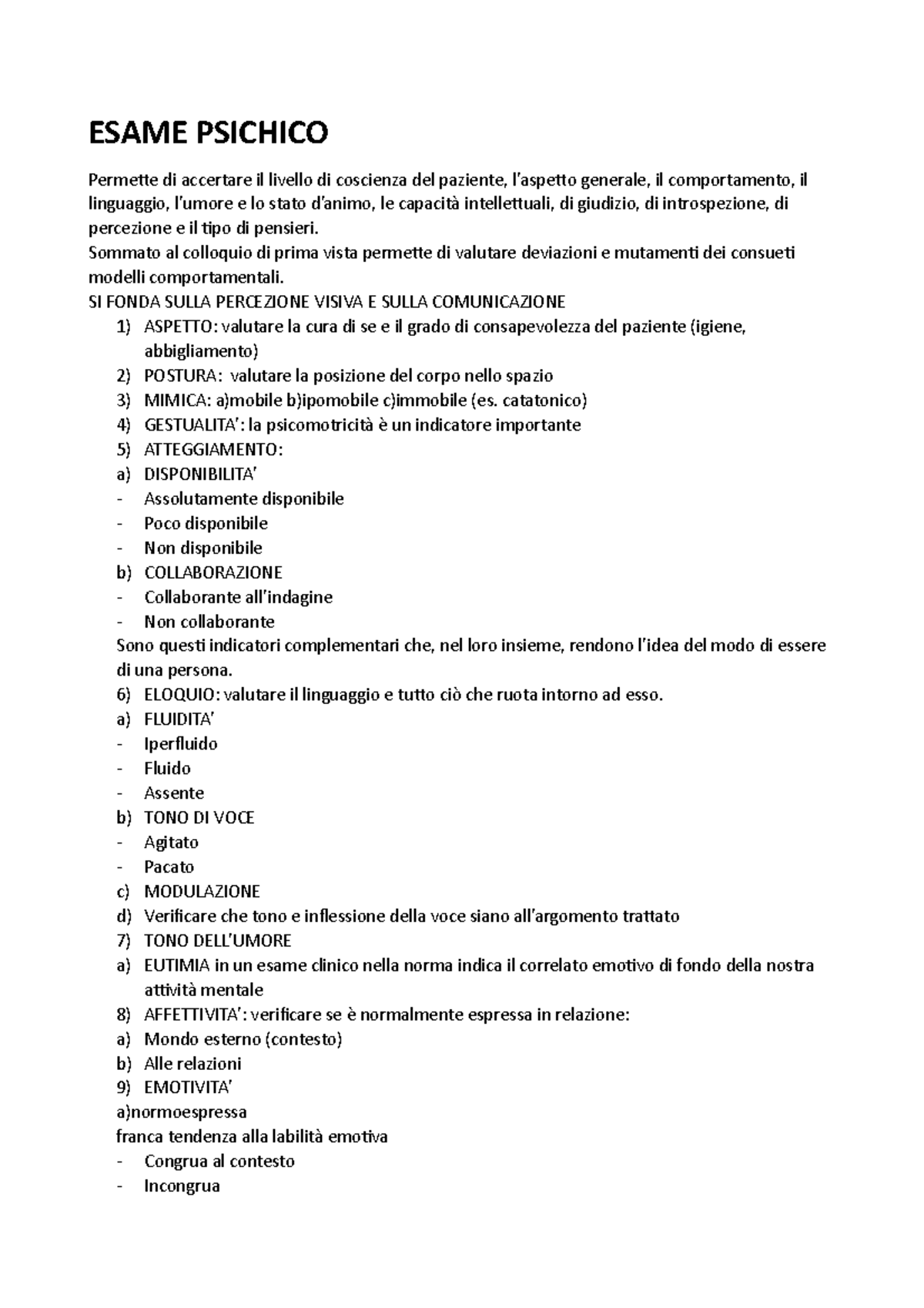 Esame Psichico - Appunti di fondamenti di psicologia clinica - ESAME PSICHICO Perme琀琀e di ...