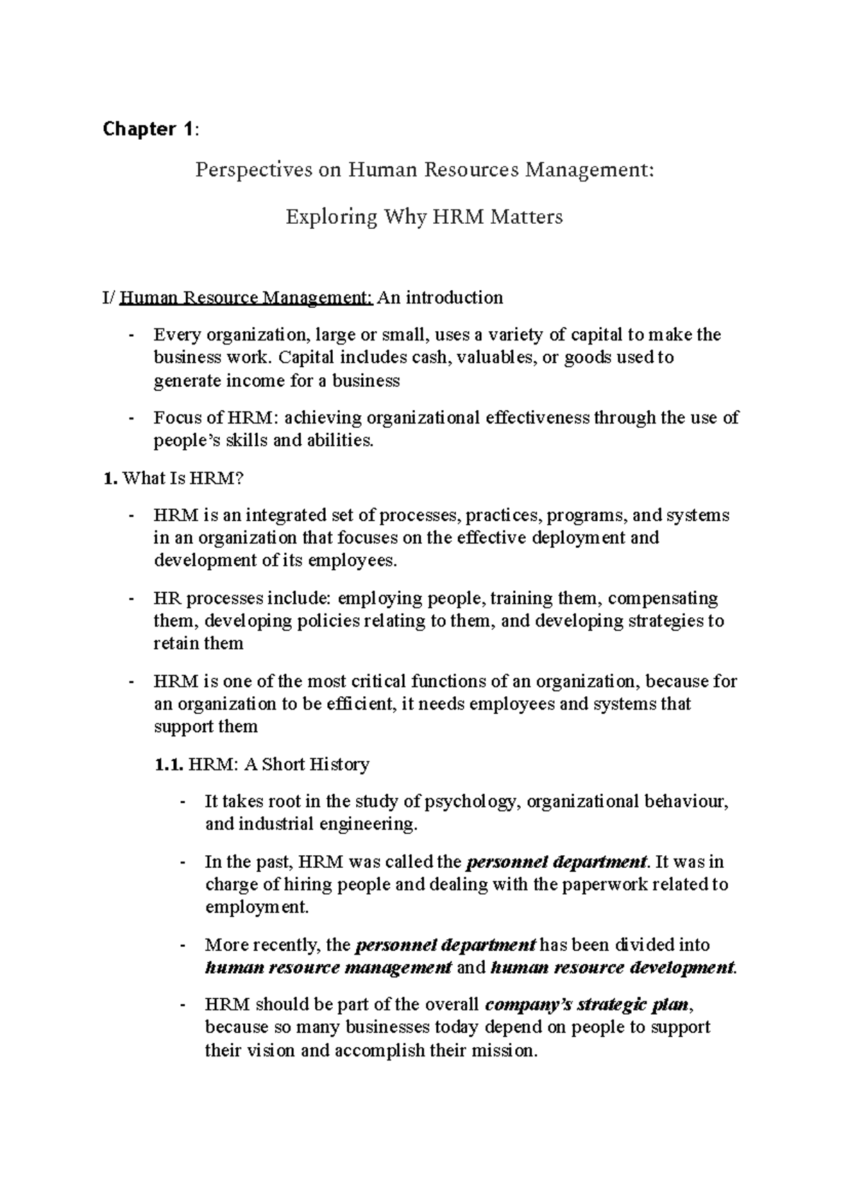 Chapter 1 Notes - Chapter 1 : Perspectives on Human Resources ...
