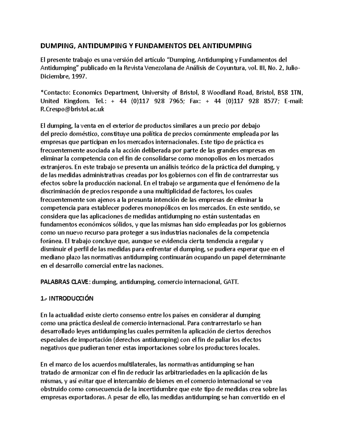 Dumping. 2 docx - DUMPING, ANTIDUMPING Y FUNDAMENTOS DEL ANTIDUMPING El presente trabajo es una ...