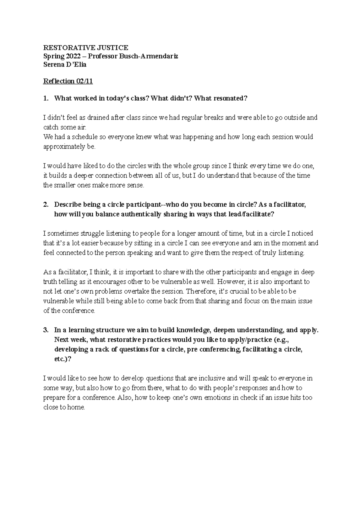 RJ 02:11 Reflection - Assignment 3 - RESTORATIVE JUSTICE Spring 2022 ...