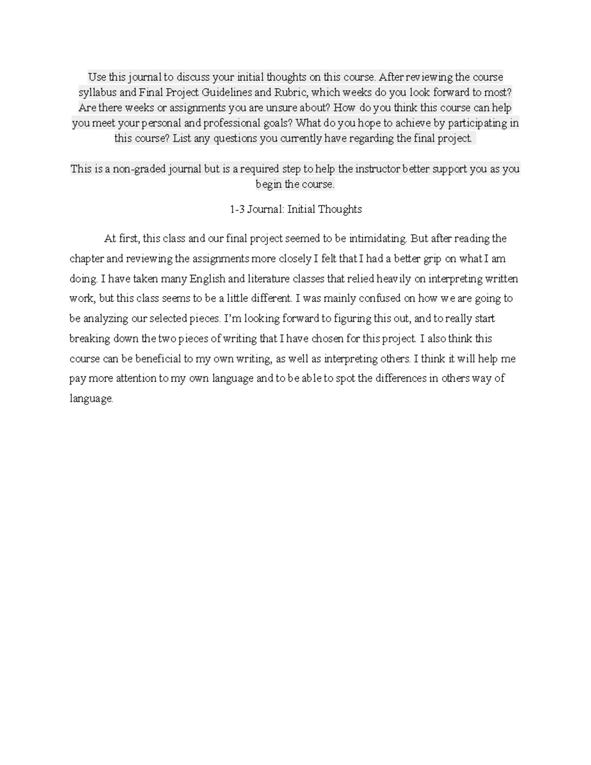 1-3 Journal Initial Thoughts - Use this journal to discuss your initial ...