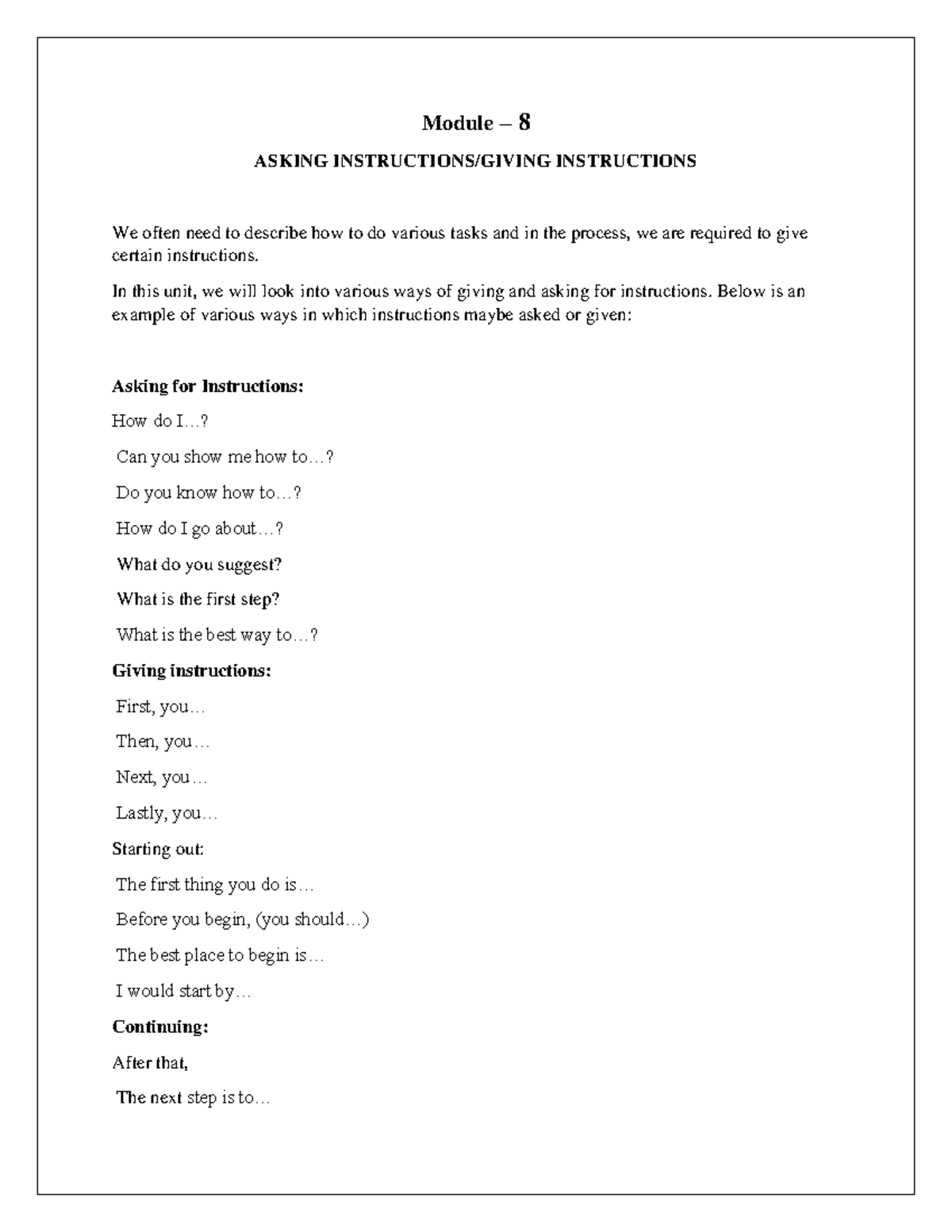 1st bca eng - Bca English - Module – 8 ASKING INSTRUCTIONS/GIVING ...