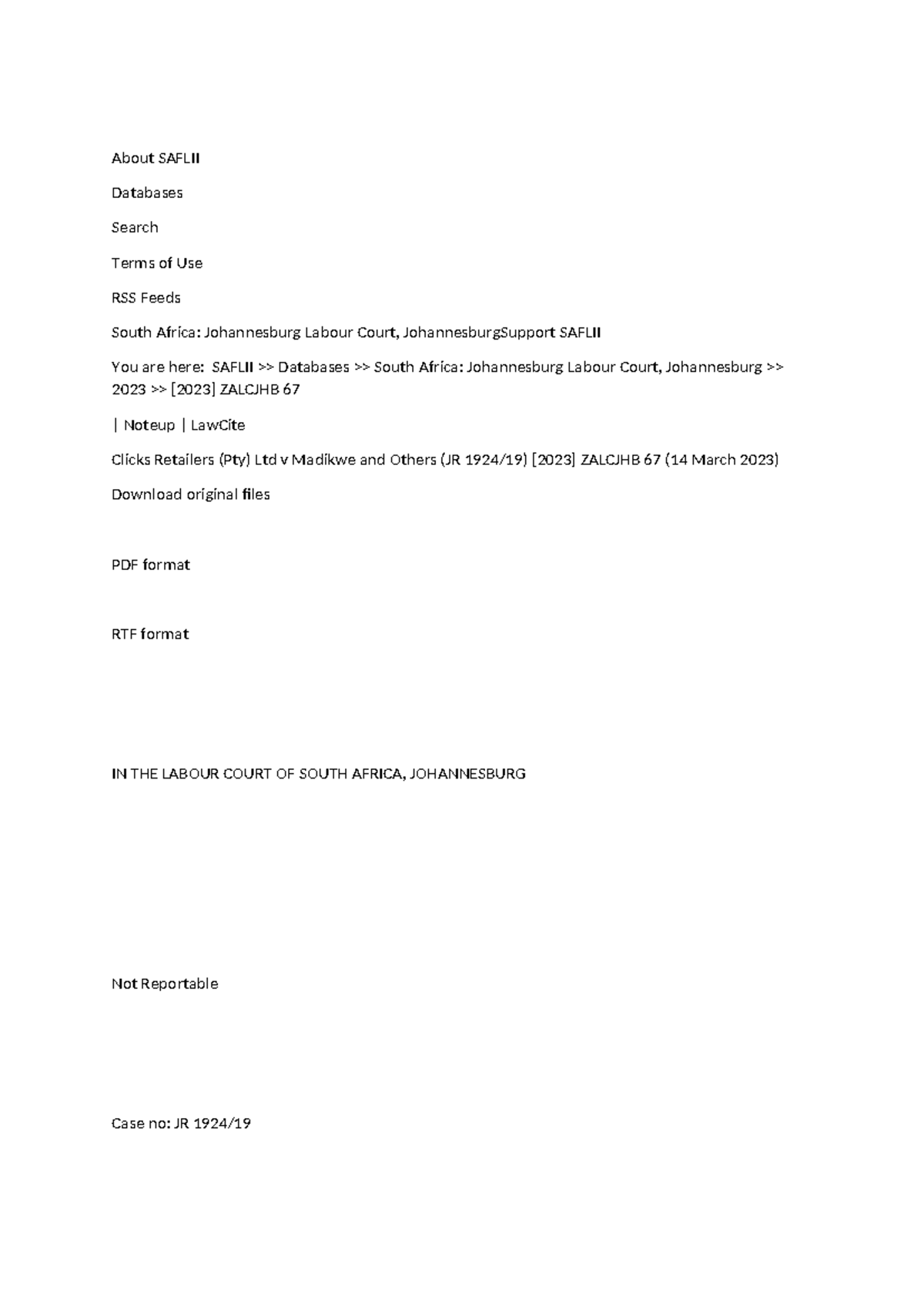 About Saflii - About SAFLII Databases Search Terms of Use RSS Feeds South Africa: Johannesburg ...