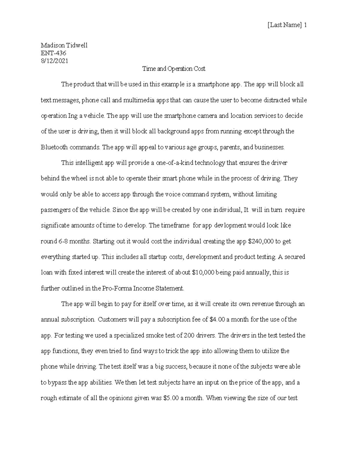 Time and Operation - [Last Name] 1 Madison Tidwell ENT- 8/12/ Time and ...