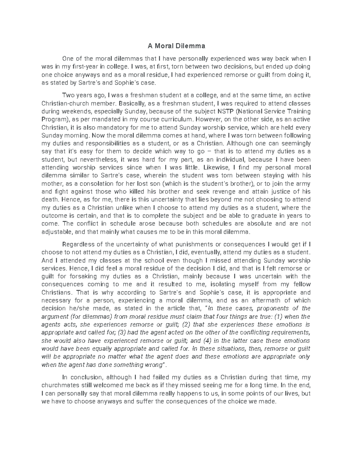 A Moral Dilemma - Ahs - A Moral Dilemma One of the moral dilemmas that ...