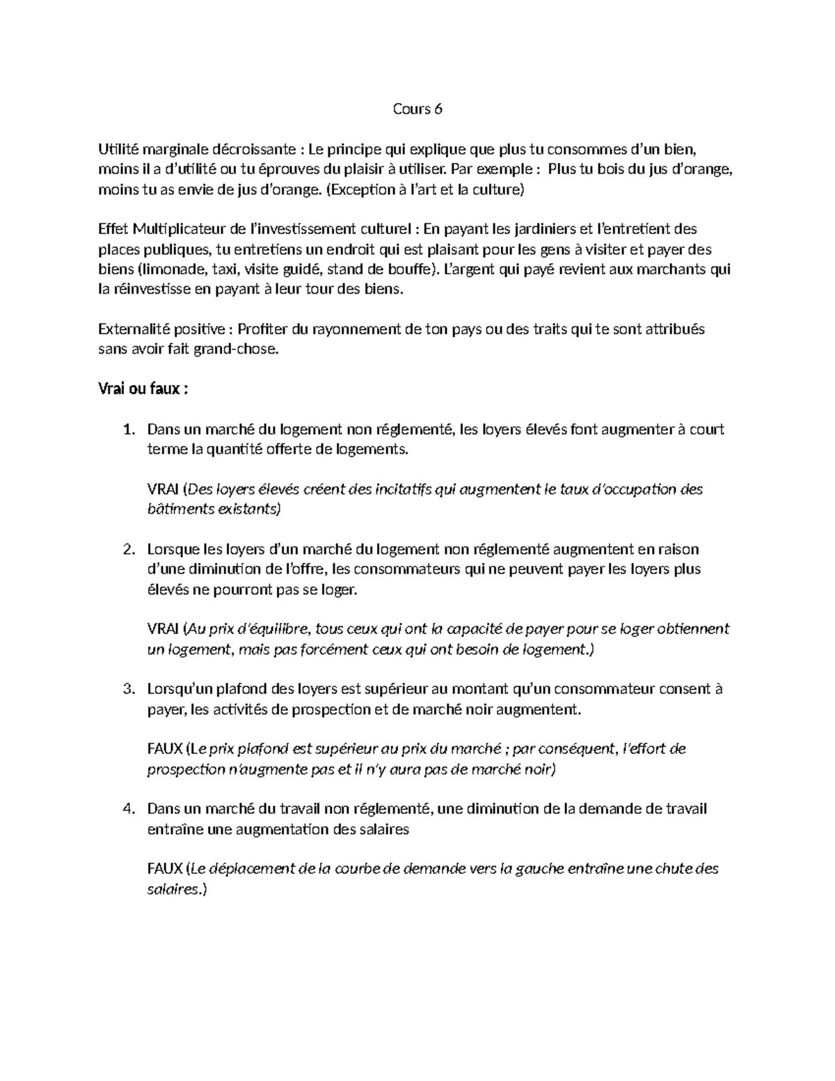 Note de cours chapitre 6 - Cours 6 Utilité marginale décroissante : Le principe qui explique que ...