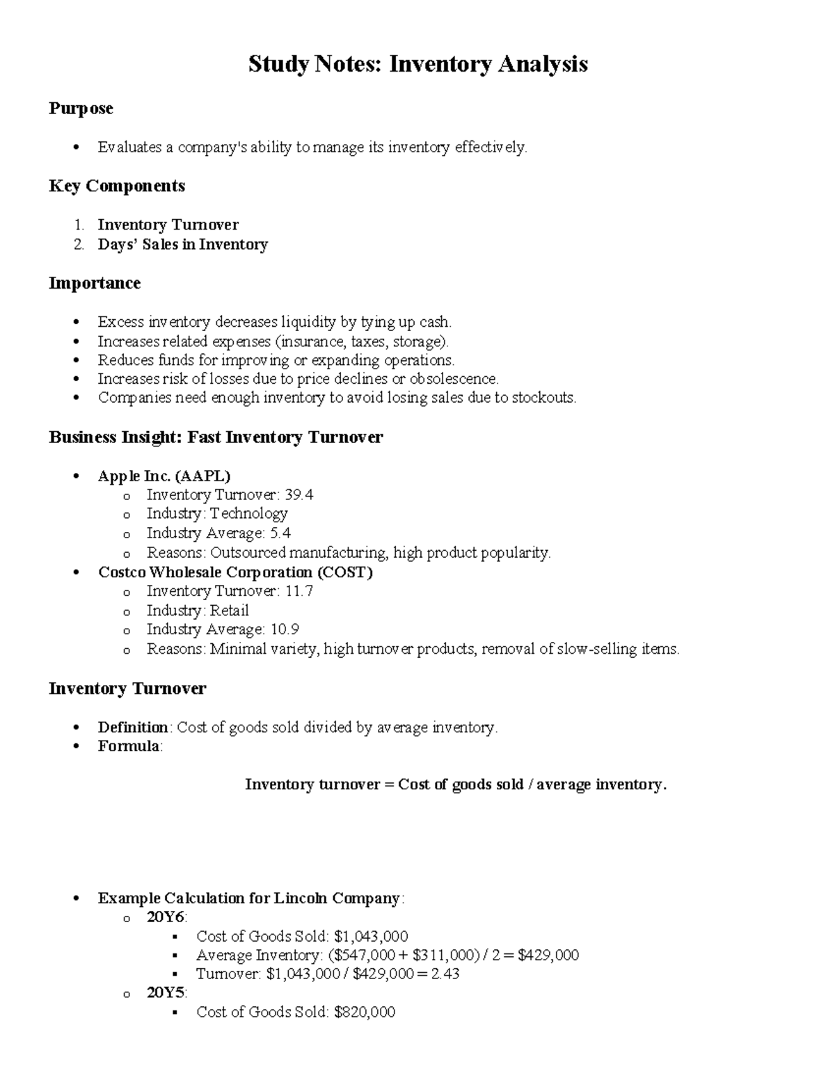 Study Notes Inventory Analysis - Study Notes: Inventory Analysis ...