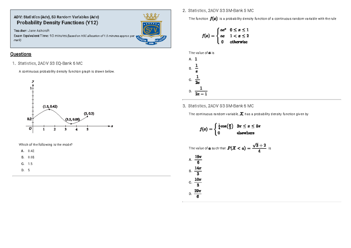 HSC questions Mathematics Advanced Probability Density Function - 1 ...
