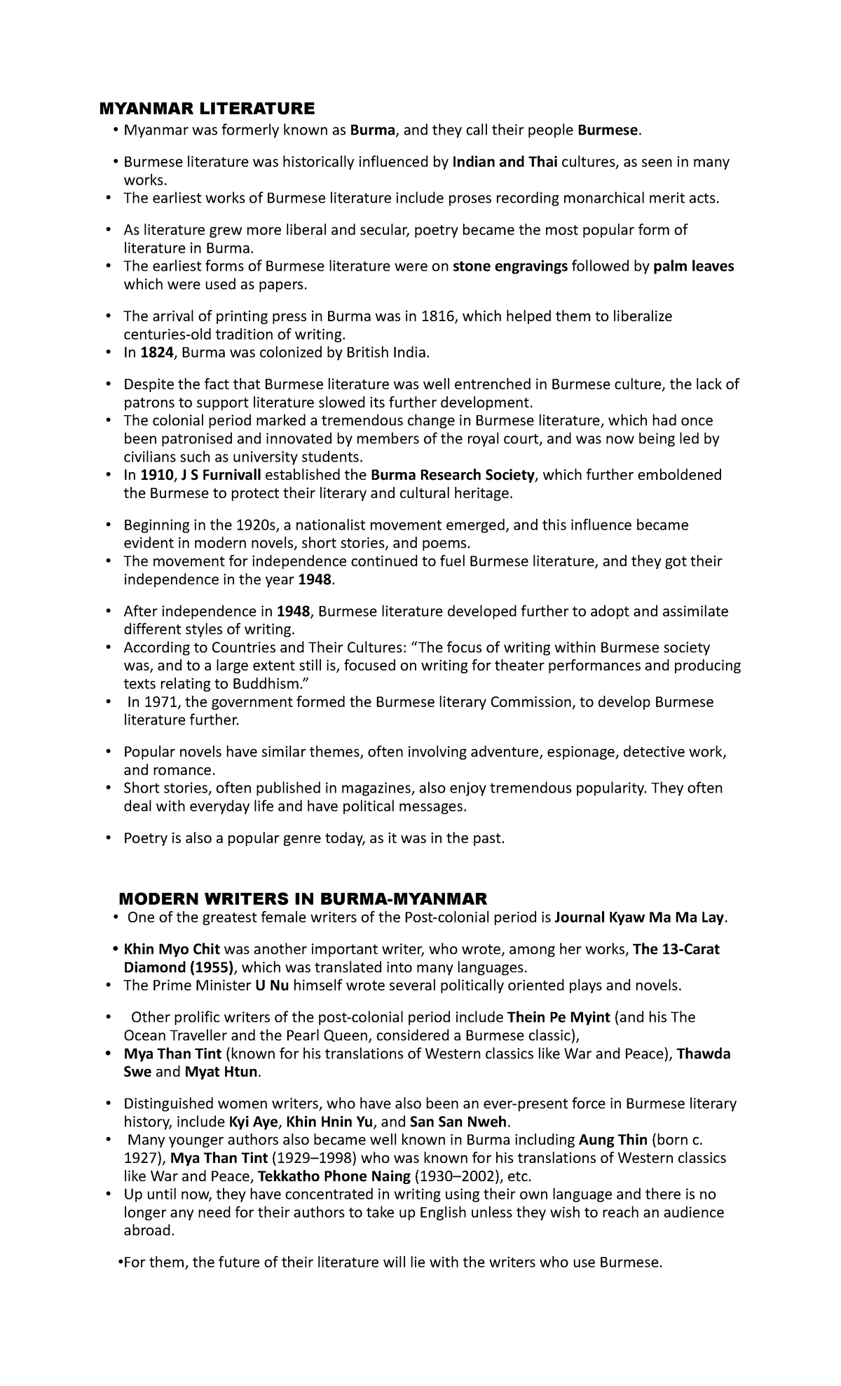 Asean Literature(LITR102)-Myanmar Literature - MYANMAR LITERATURE ...