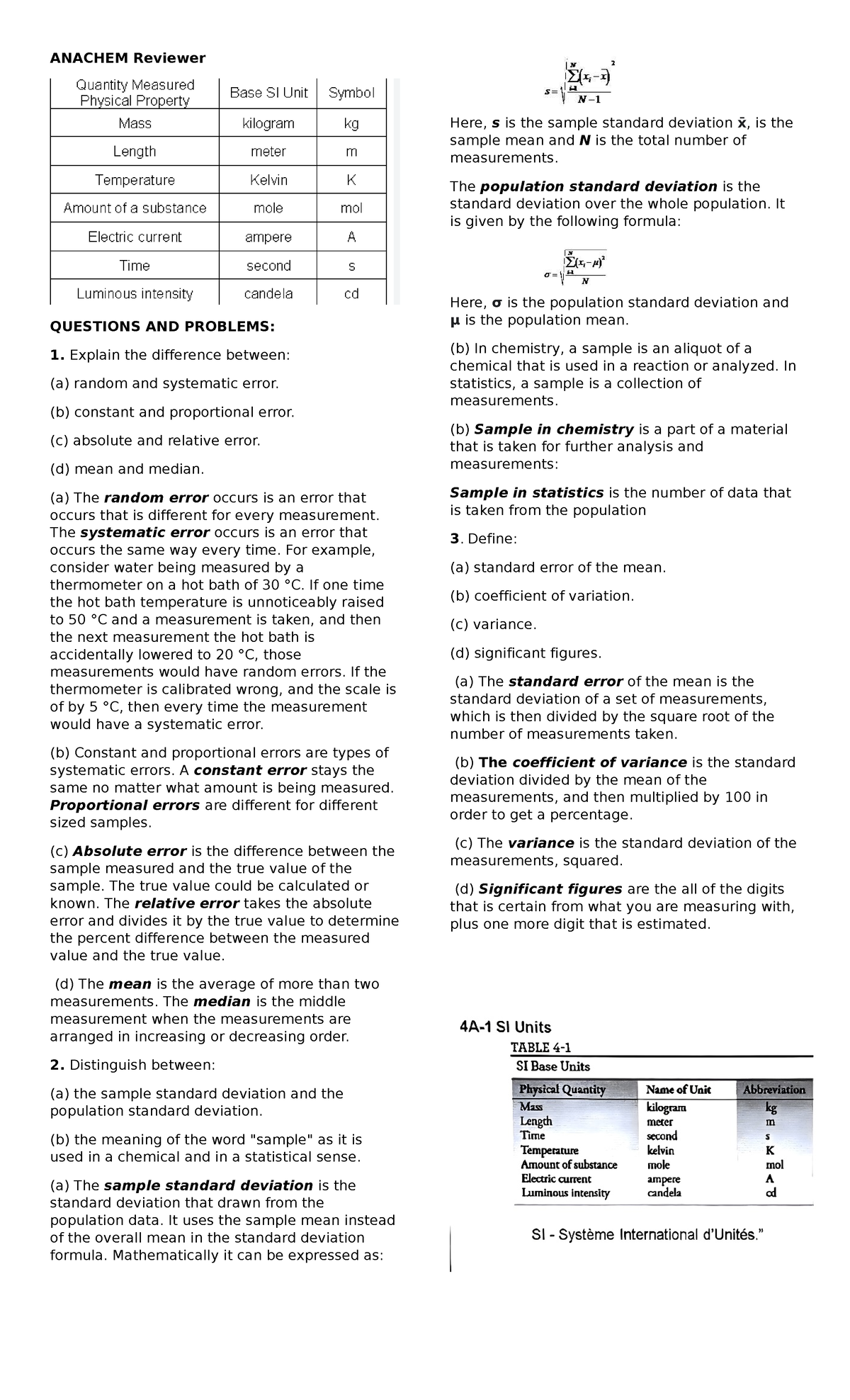 Ana Chem 2 - dsdsdsd - ANACHEM Reviewer QUESTIONS AND PROBLEMS: 1. Explain the difference ...