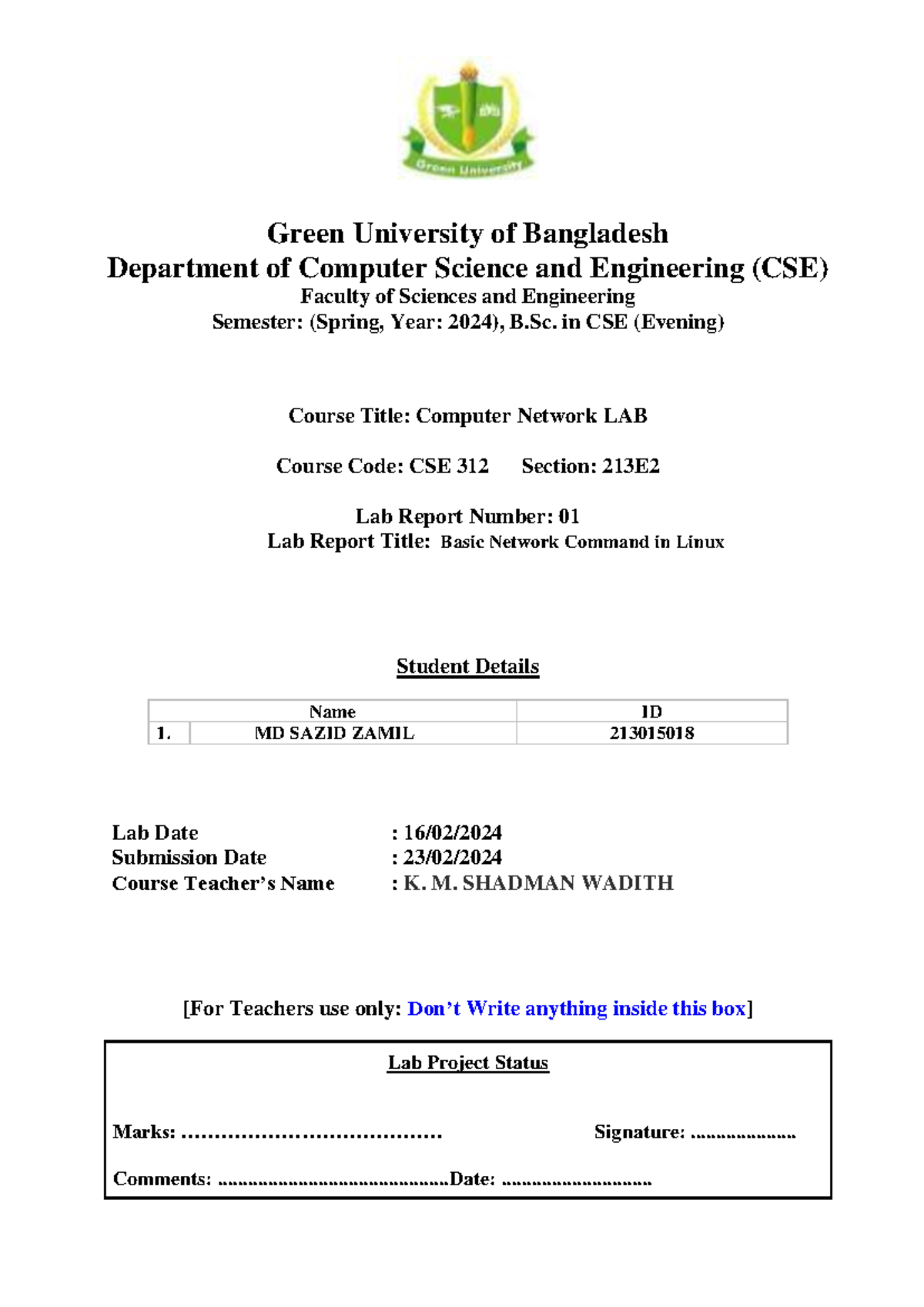 213015018 Lab Report 1 - Green University of Bangladesh Department of ...
