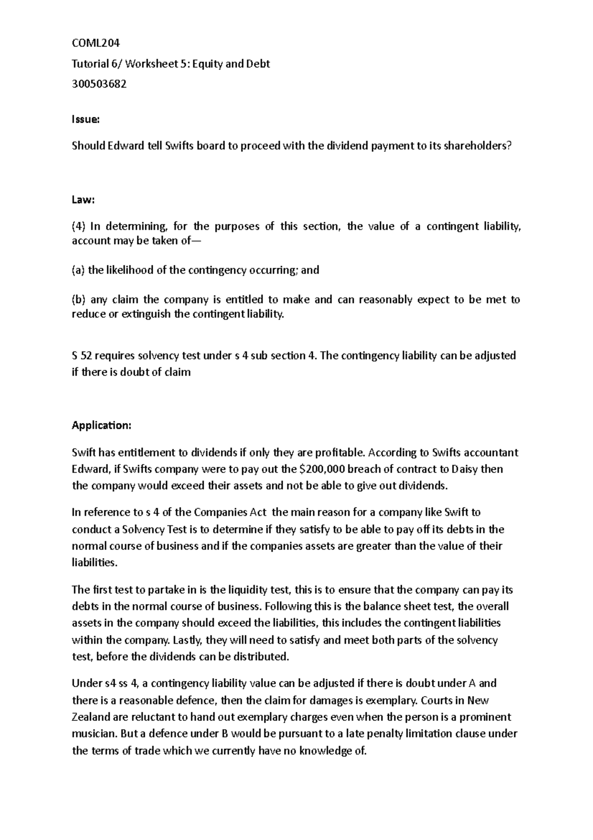 Tutorial 6, worksheet 5 - COML Tutorial 6/ Worksheet 5: Equity and Debt ...