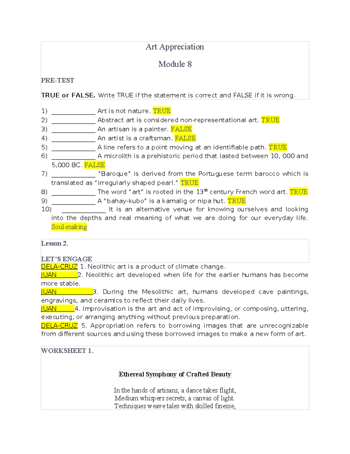 Art Appreciation Module 8 answer upload 102350 - Art Appreciation ...