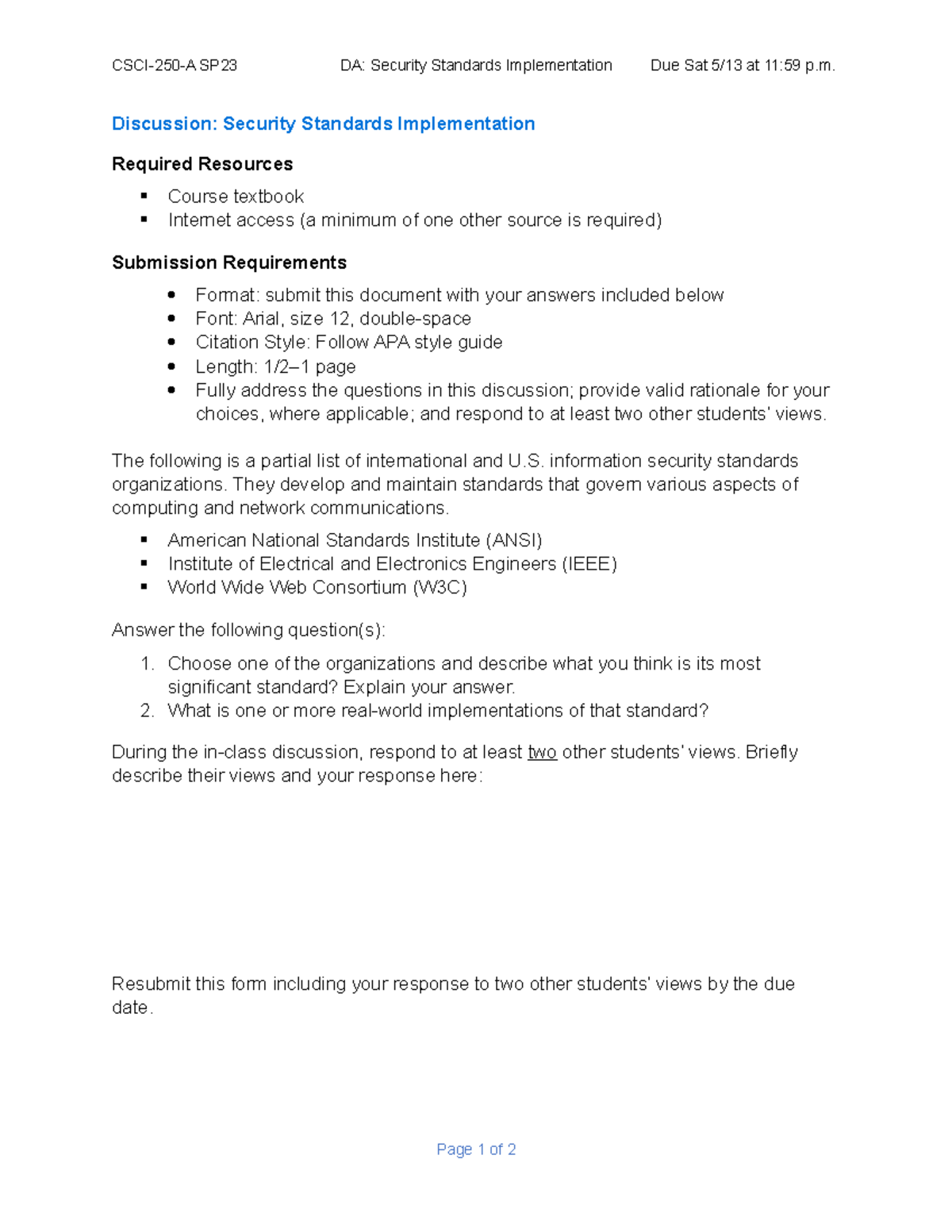 CSCI-250-A SP23 DA Security Standards Implementation - Discussion ...