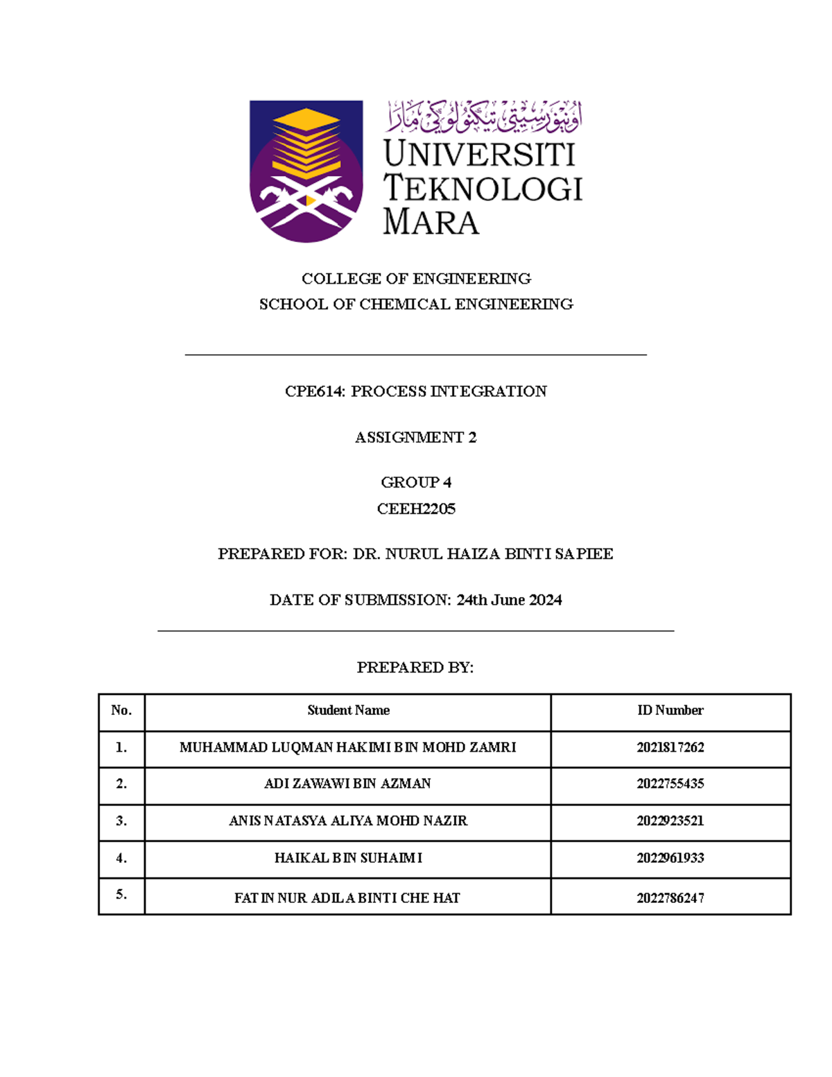 CPE614 - Process Integration Assignment 2 - COLLEGE OF ENGINEERING ...
