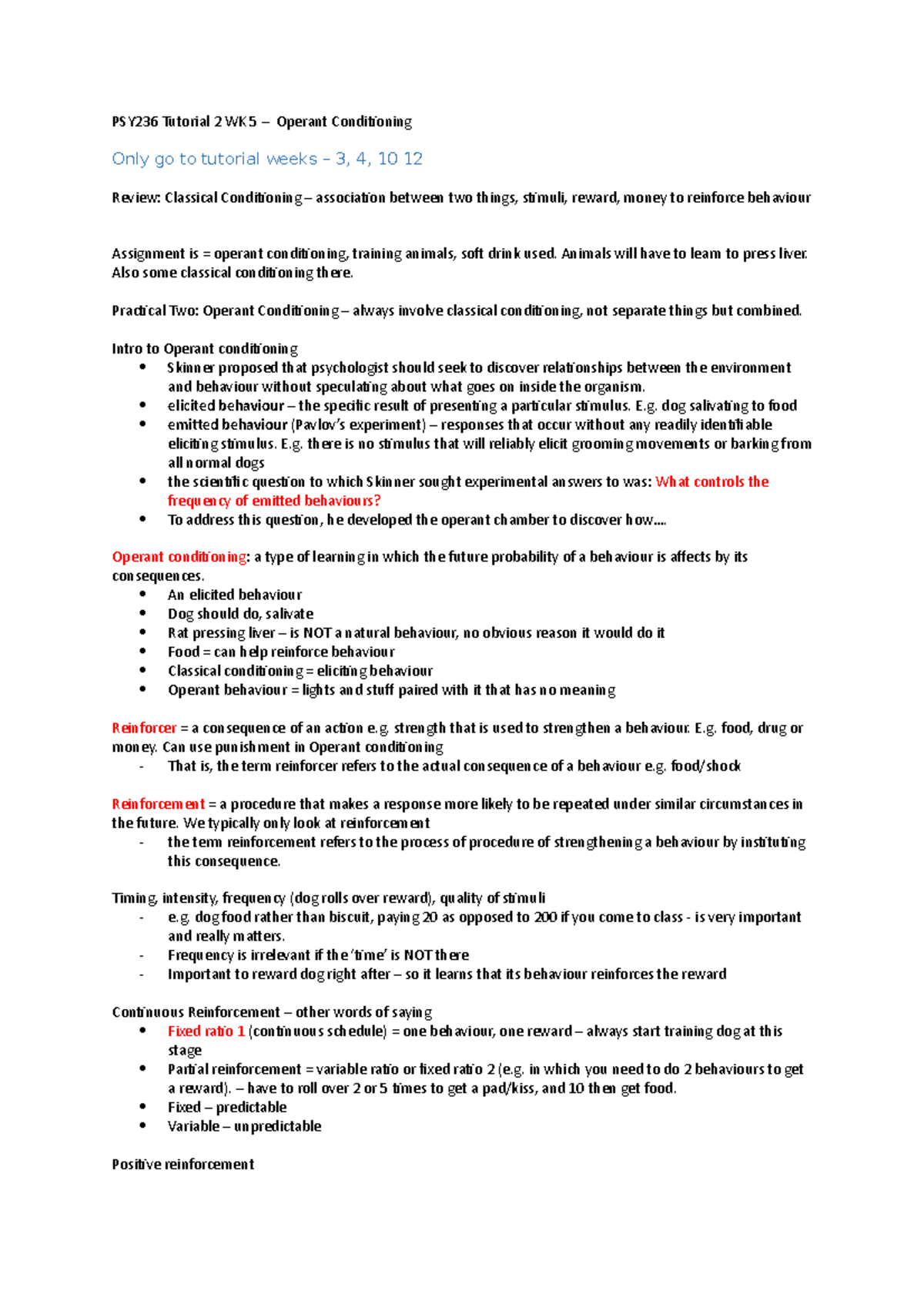 PSY236 Tutorial 2 WK 5 notes - PSY236 Tutorial 2 WK 5 – Operant ...