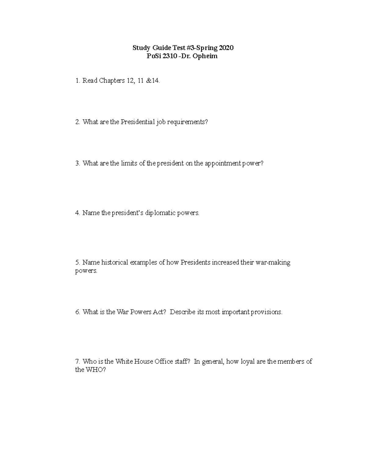 Study Guide-Test 3-sp20 - Study Guide Test #3-Spring 2020PoSi 2310 -Dr ...