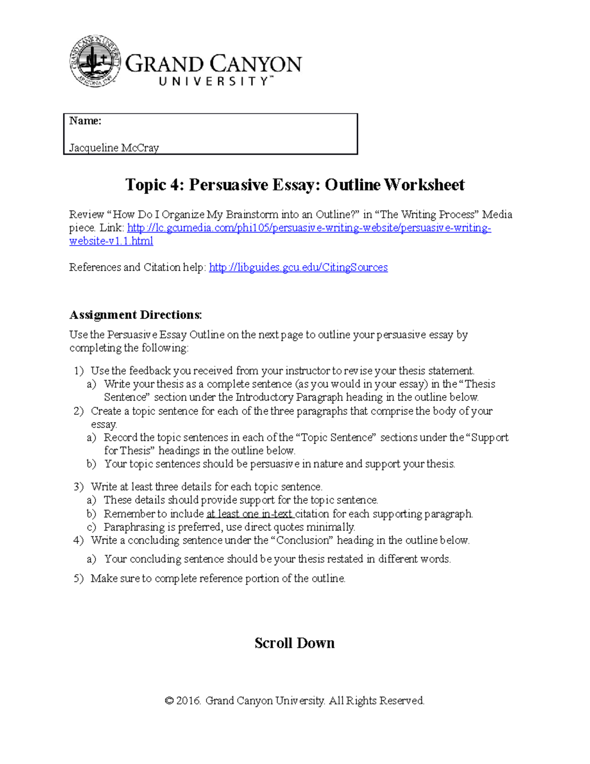 Persuasive Essay Outline 6 1 21 - Name: Jacqueline McCray Topic 4 ...