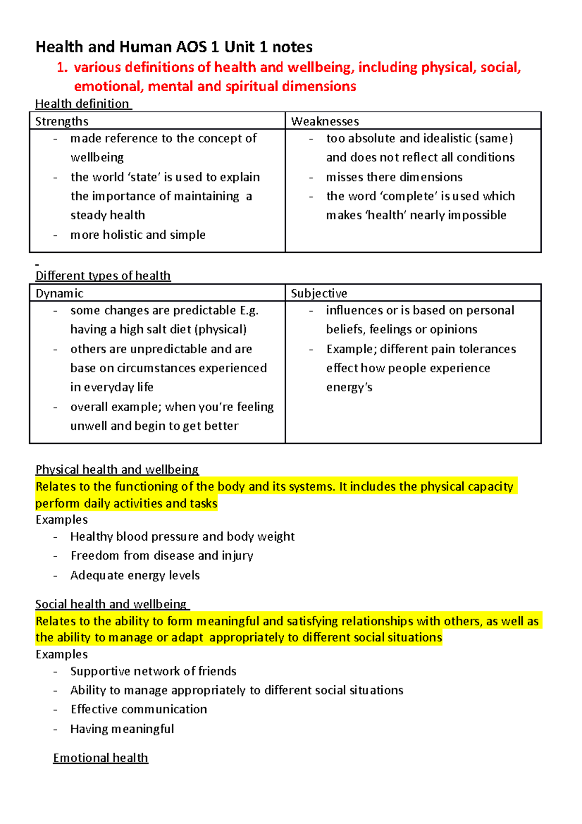 Health and Human AOS 1 Unit 1 notes - PSY3130 - Monash - Studocu