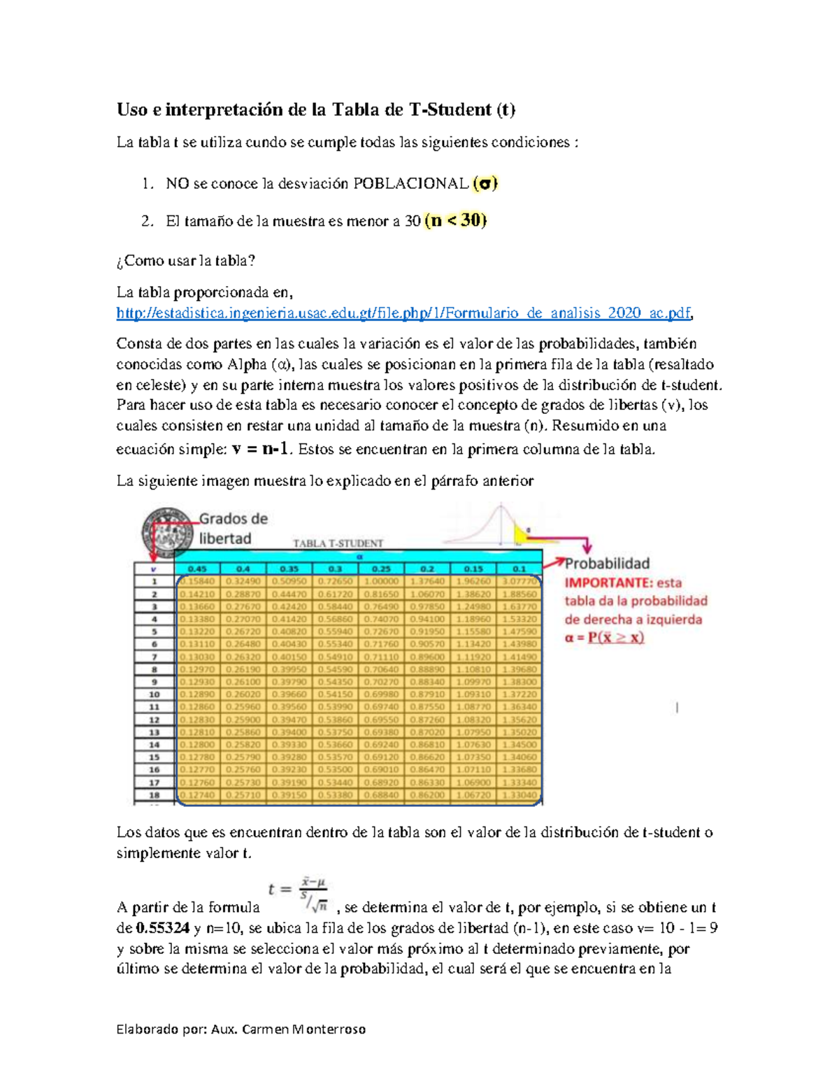 Uso e interpretación de la Tabla t - Elaborado por: Aux. Carmen ...