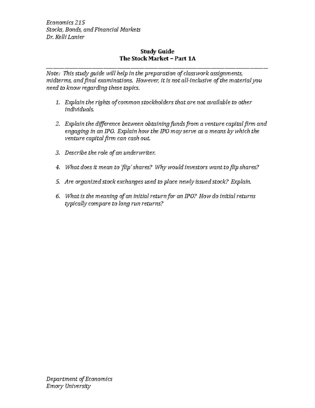 The Stock Market (Part A) Study Guide 1 - Economics 215 Stocks, Bonds ...