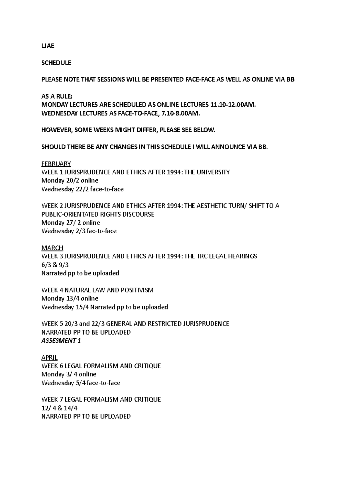 LJAE Schedule(1) - STUDY GUIDE - LJAE SCHEDULE PLEASE NOTE THAT ...