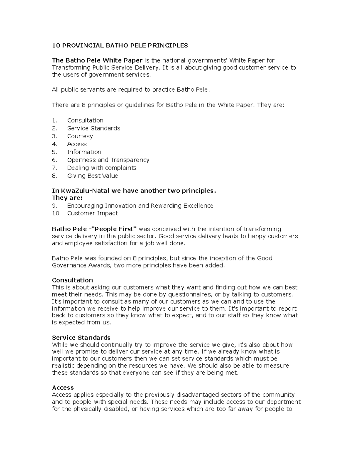 10 Provincial Batho Pele Principles - 10 PROVINCIAL BATHO PELE ...