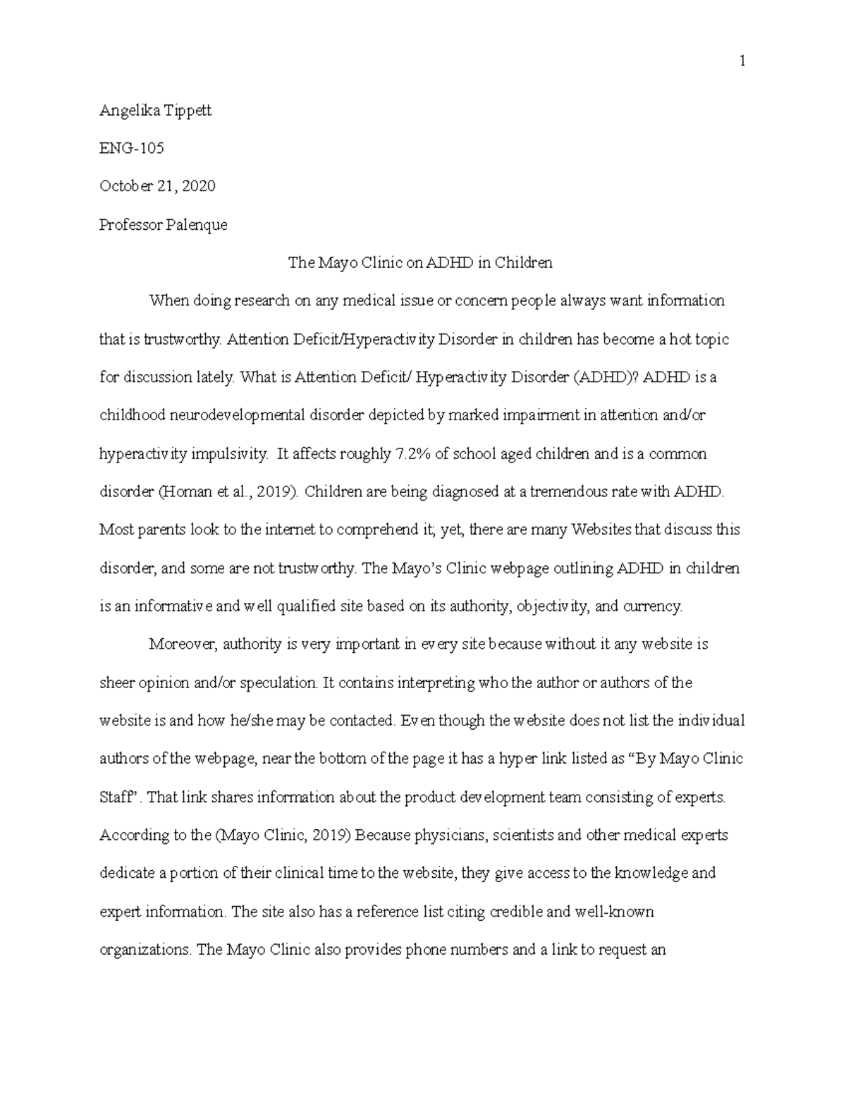 Review Essay Mayo Clinic Angelika Tippett ENG October 21 2020