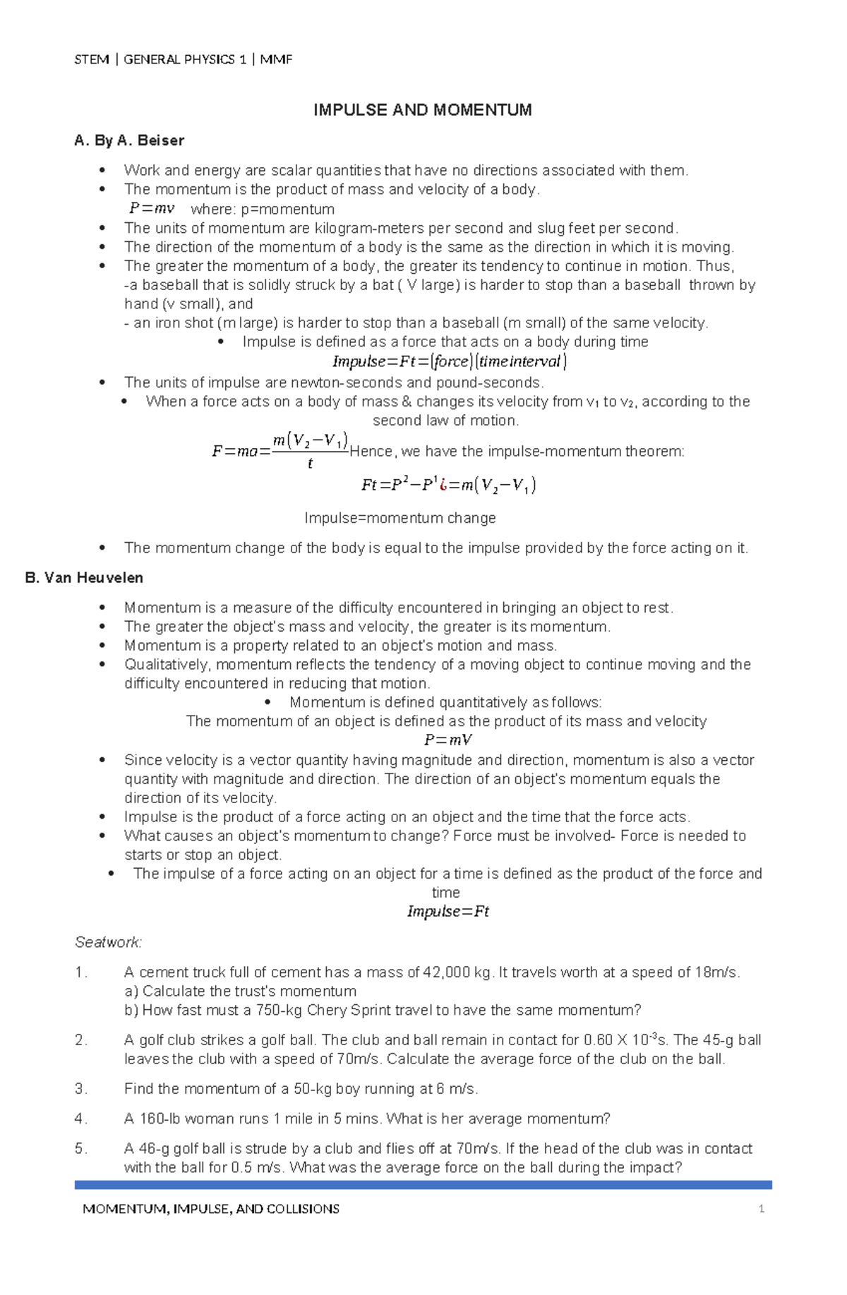 Q1 Momentum- Impulse- Collisions - IMPULSE AND MOMENTUM A. By A. Beiser ...