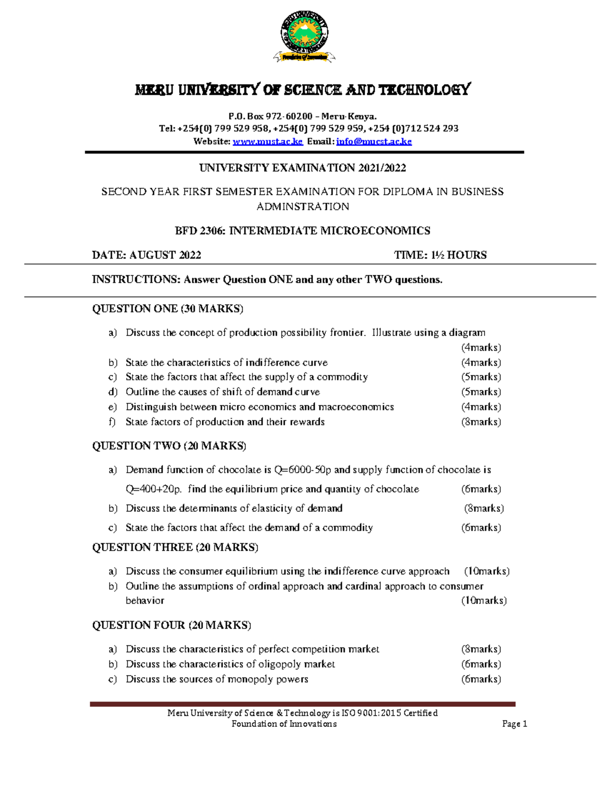 BFD 2306 Intermediate Micro ECON - Meru University of Science ...