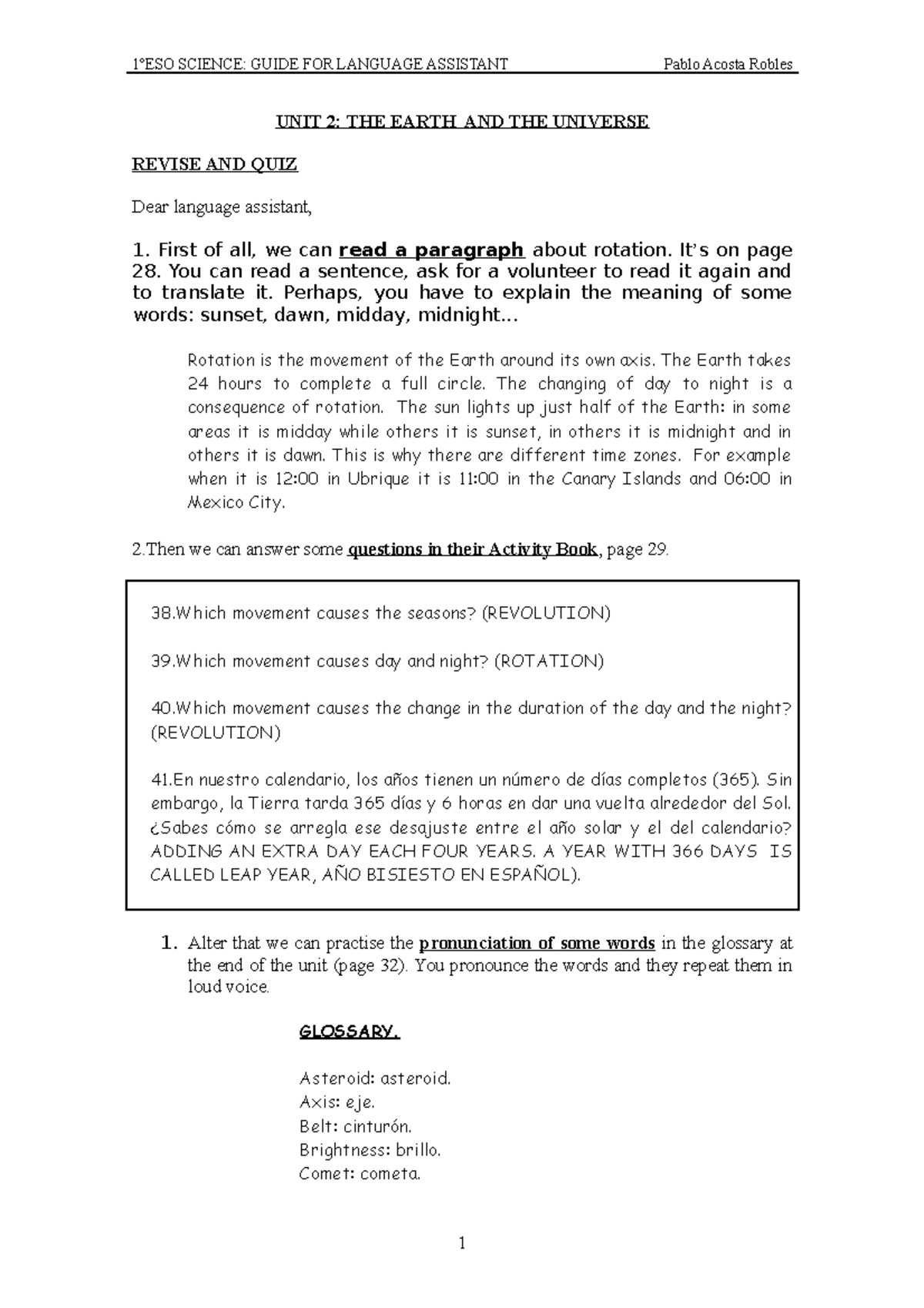 L.A. Quiz and revise - UNIT 2: THE EARTH AND THE UNIVERSE REVISE AND ...