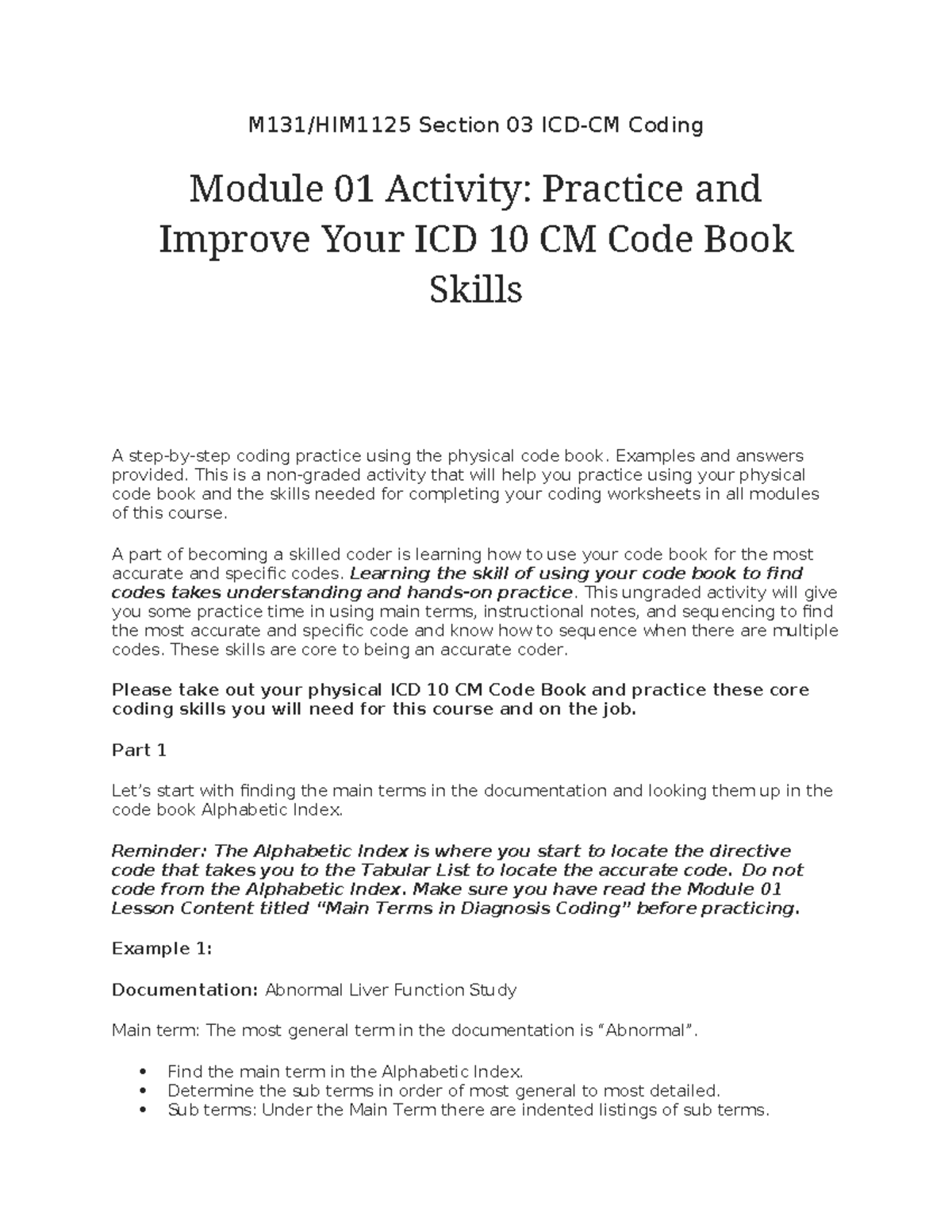 M131HIM1125 Module 01 Activity Practice and Improve Your ICD 10 CM Code Book Skills - M131 ...