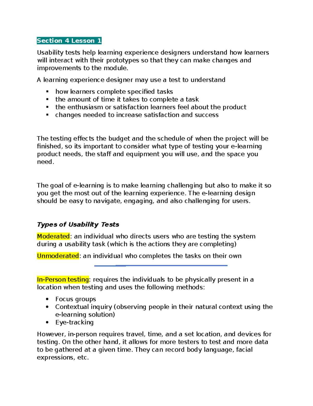 WGU Notes D292 II - Section 4 Lesson 1 Usability tests help learning ...