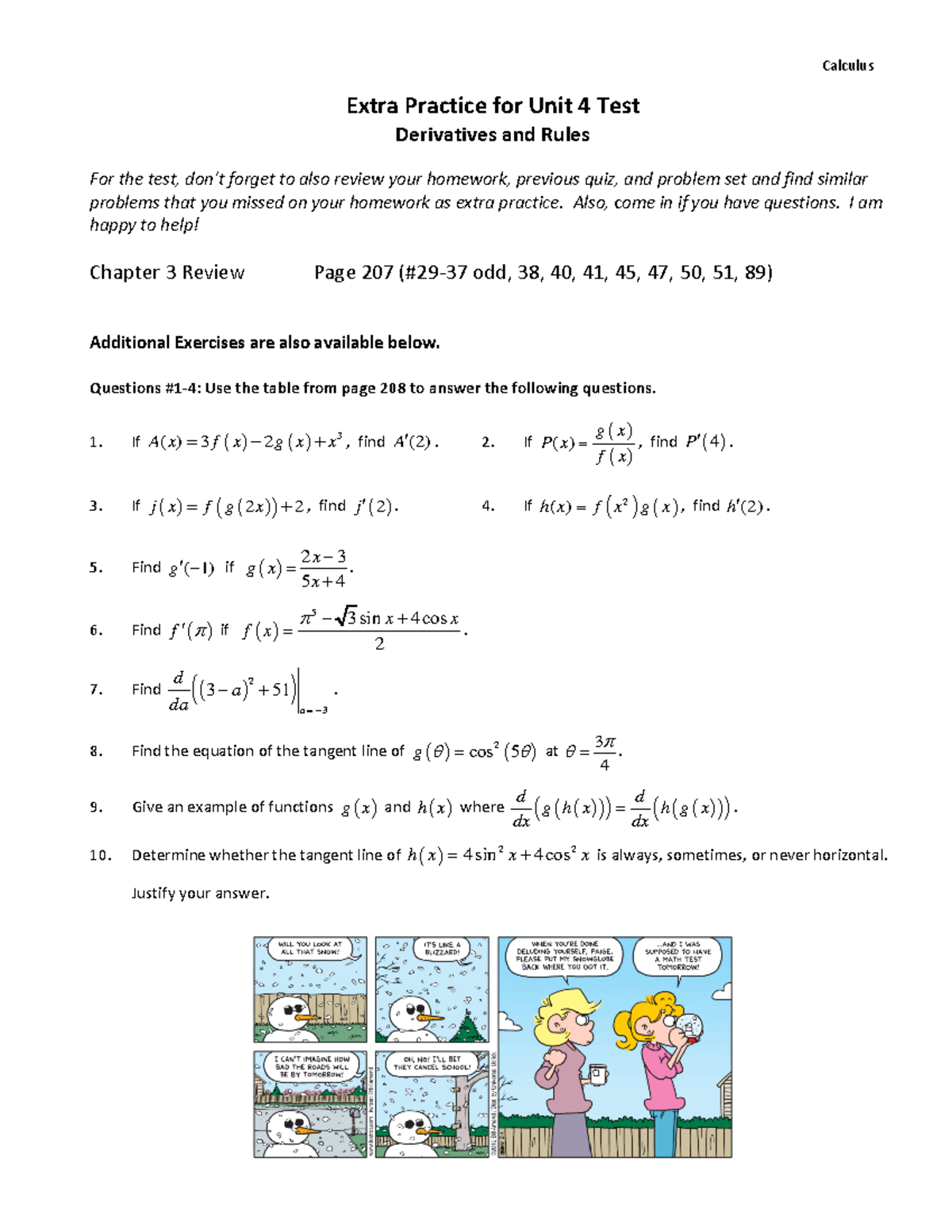 Extra Practice for Unit 4 Test - Calculus Extra Practice for Unit 4 ...