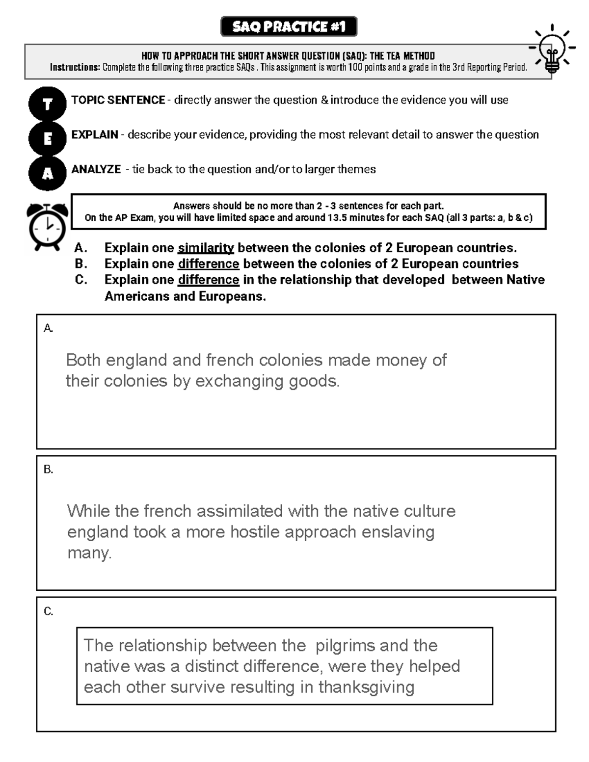 SAQ Practice Periods 1 & 2 - TOPIC SENTENCE - directly answer the ...