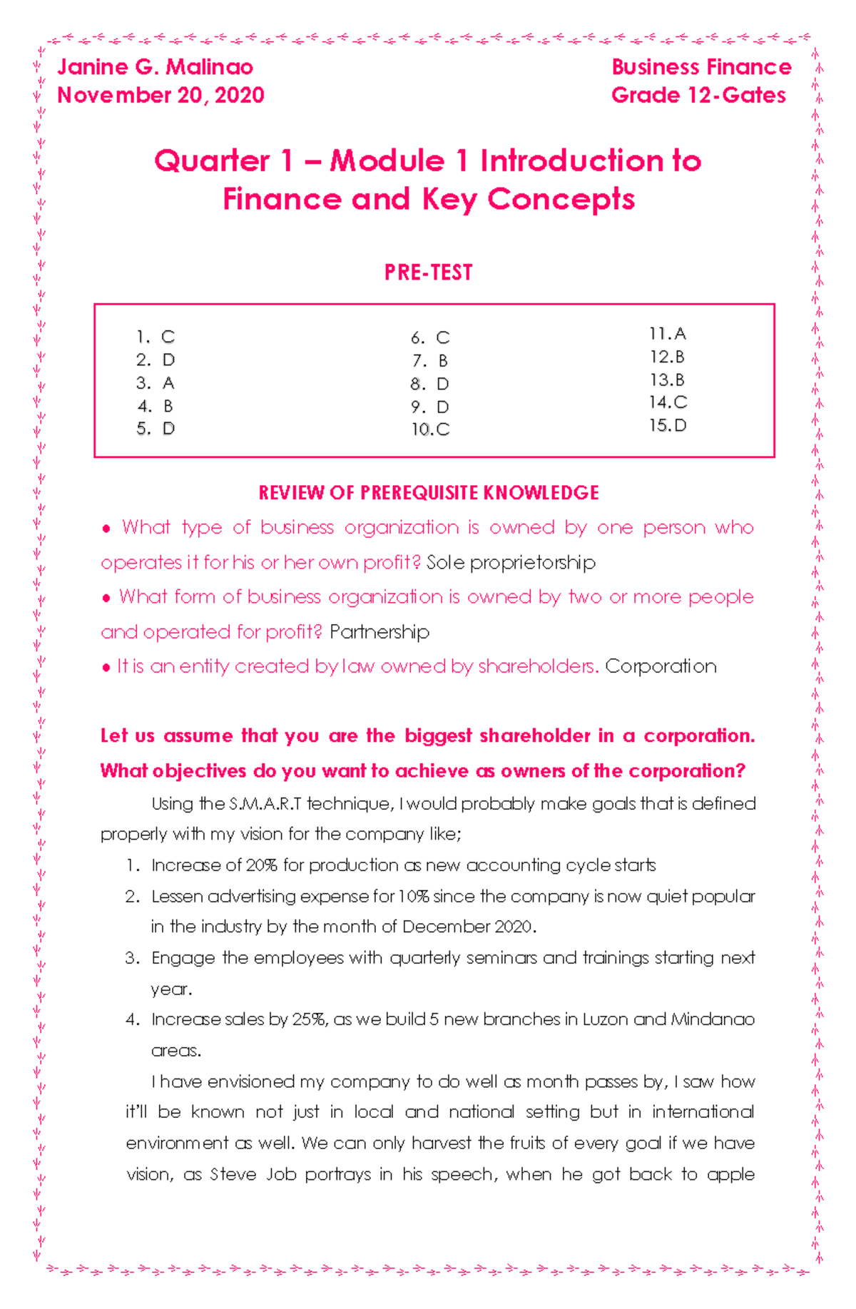 Business Finance Module 1 - Quarter 1 – Module 1 Introduction to ...