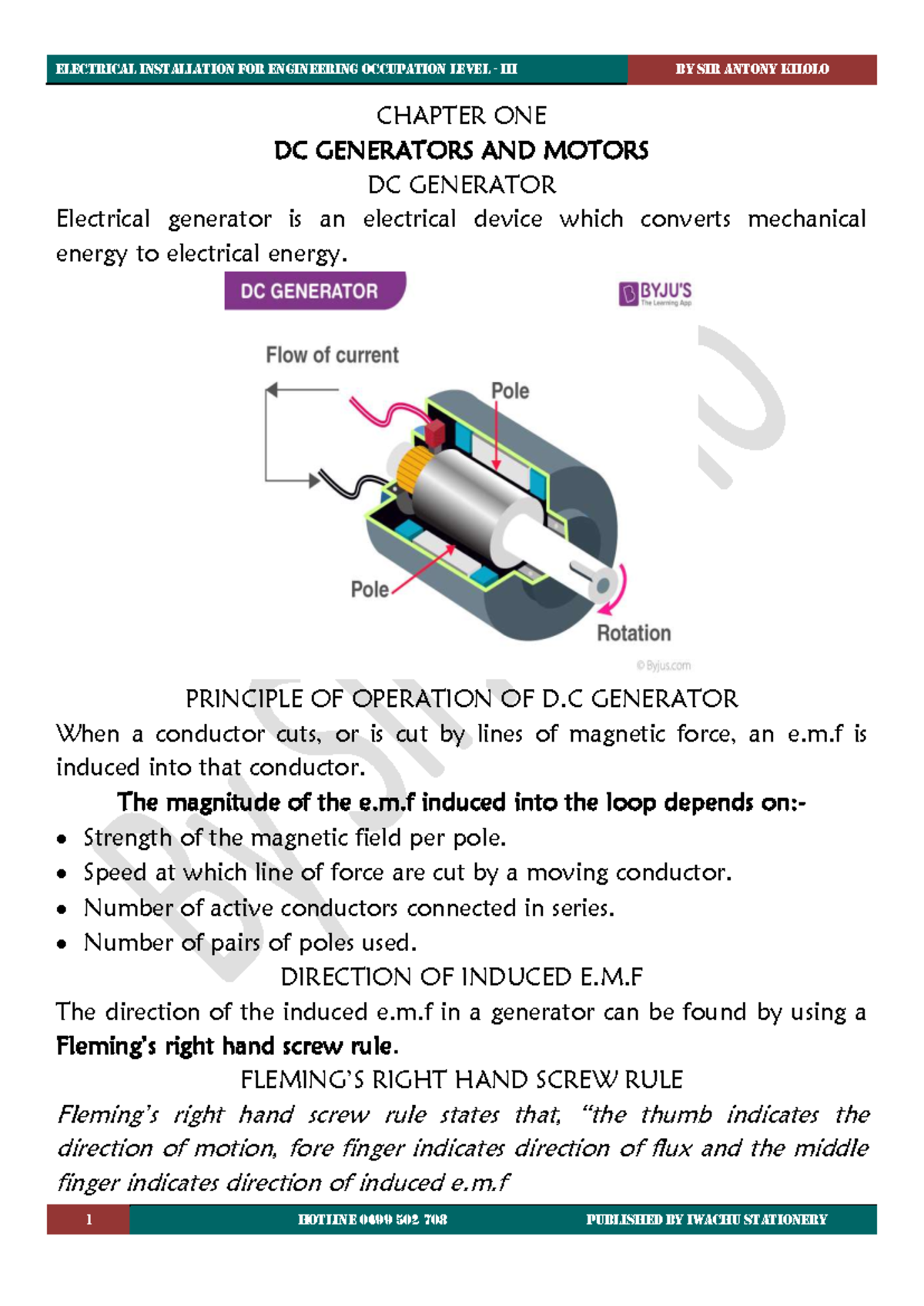 FANI - Facilitation - CHAPTER ONE DC GENERATORS AND MOTORS DC GENERATOR Electrical generator is ...