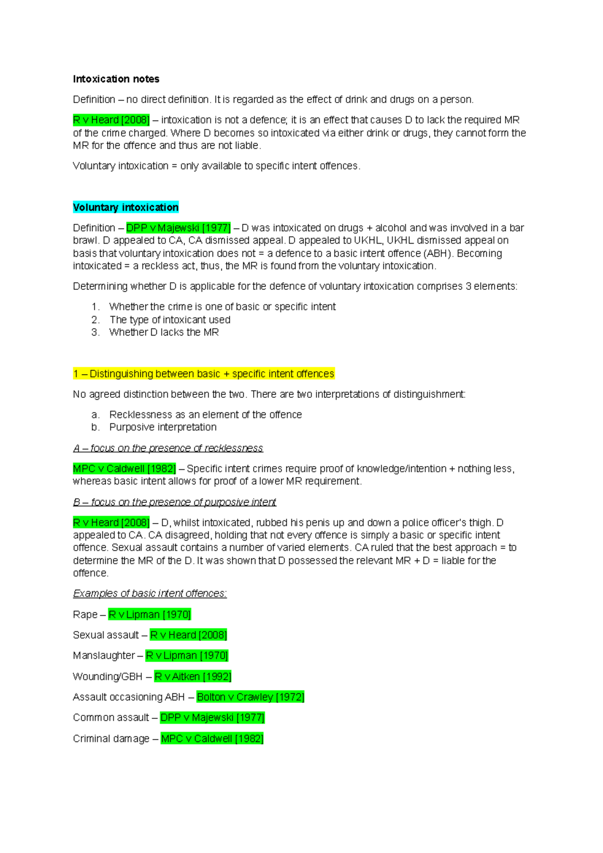 Defences; Insanity - Criminal Law Textbook - Intoxication notes ...