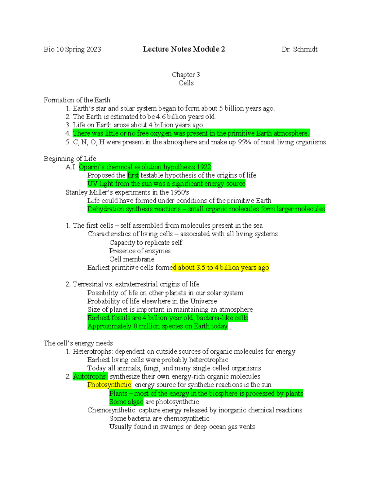 Lecture Notes Module 2 v3 - Schmidt Chapter 3 Cells Formation of the ...