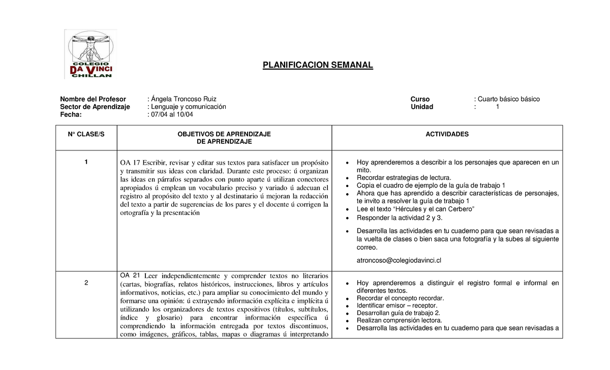 4°- Lenguaje - PLANIFICACION SEMANAL Nombre del Profesor : Ángela ...