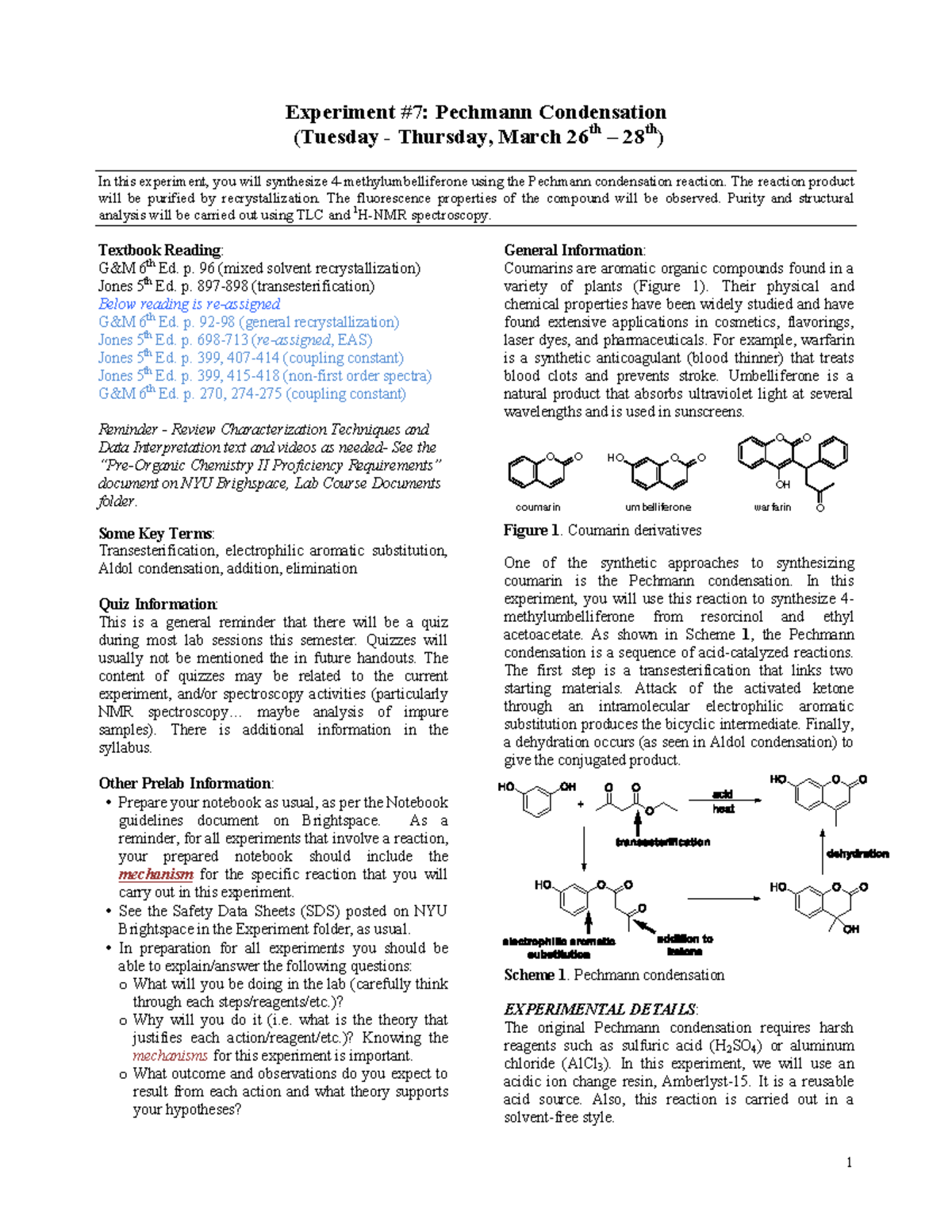 SP24 CHEM 226 Exp7 Pechmann Handout 001 - 1 Experiment # 7 : Pechmann Condensation (Tuesday ...