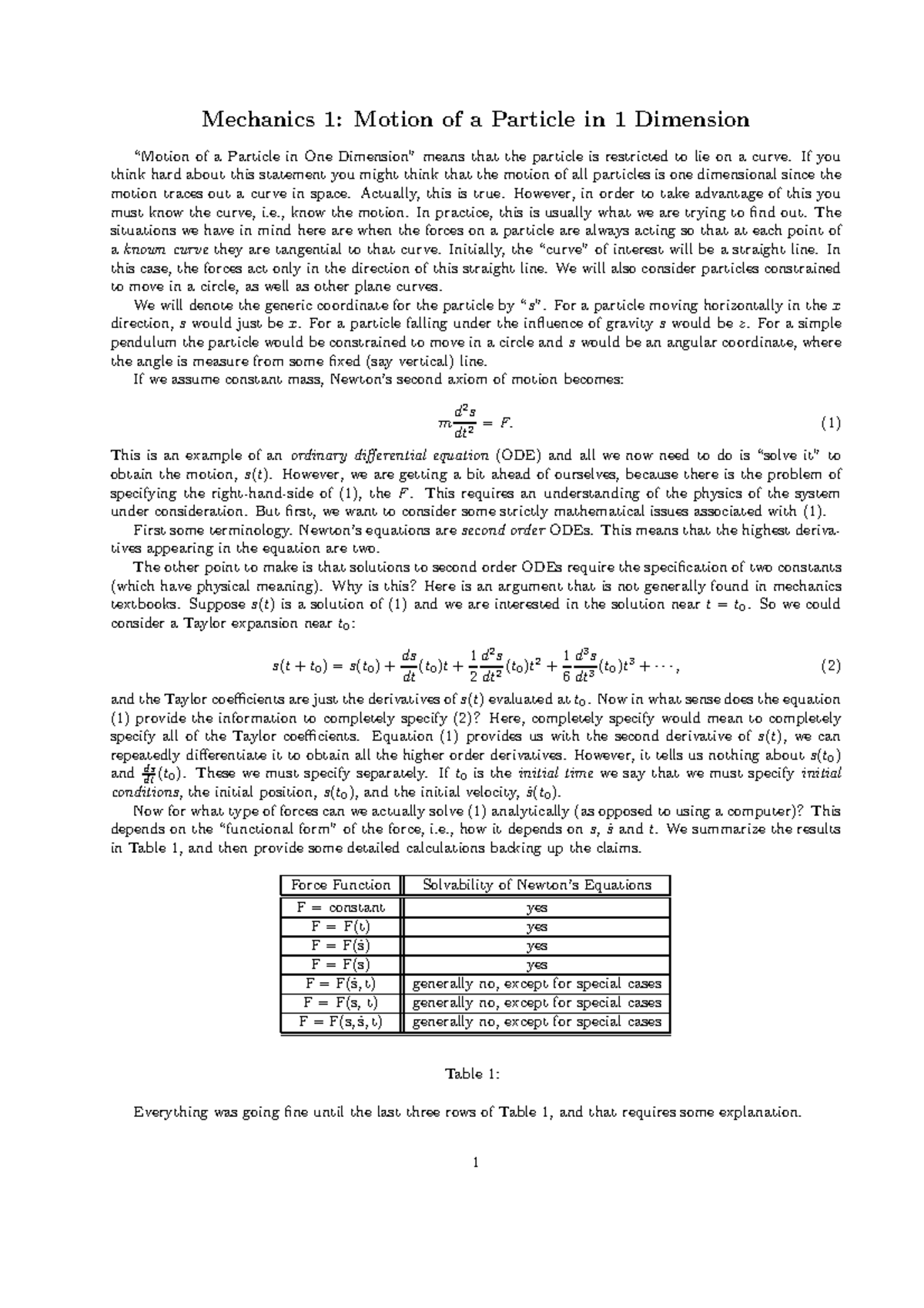 MATH11009 2016-2017 Lecture Notes - 1D Motion - Mechanics 1: Motion of ...