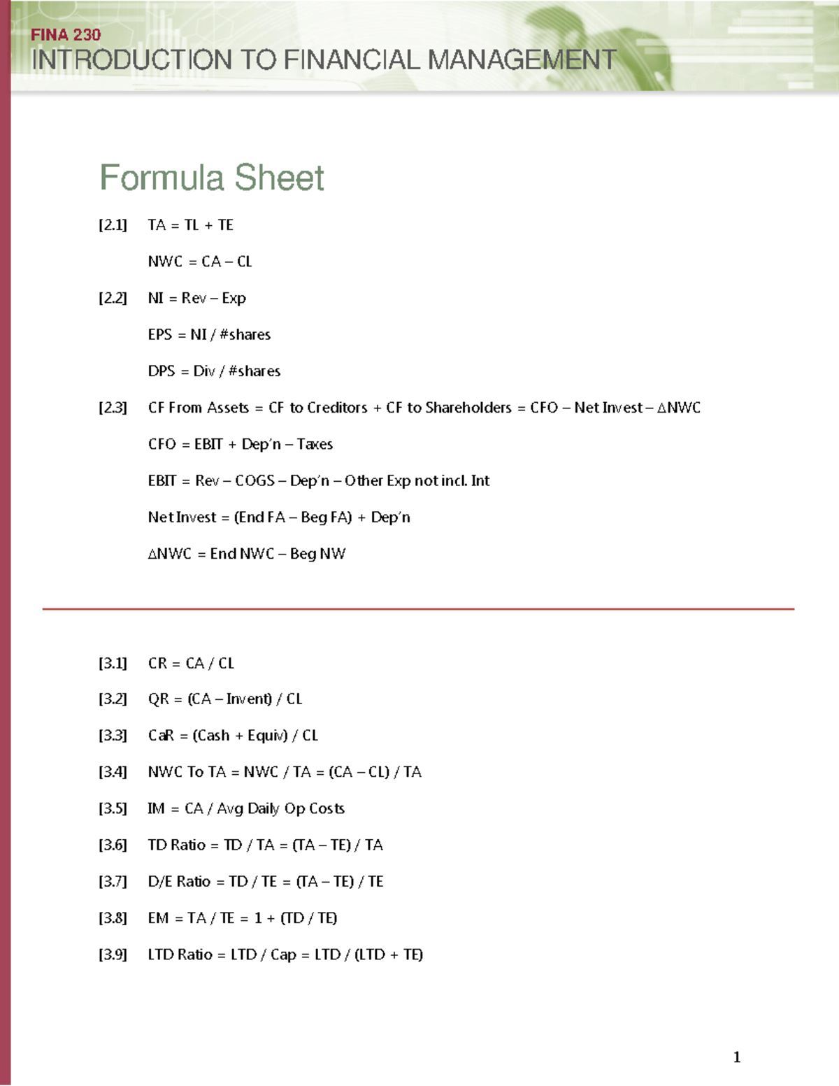 FINA230-Formulas - Formulas to solve problems - INTRODUCTION TO ...