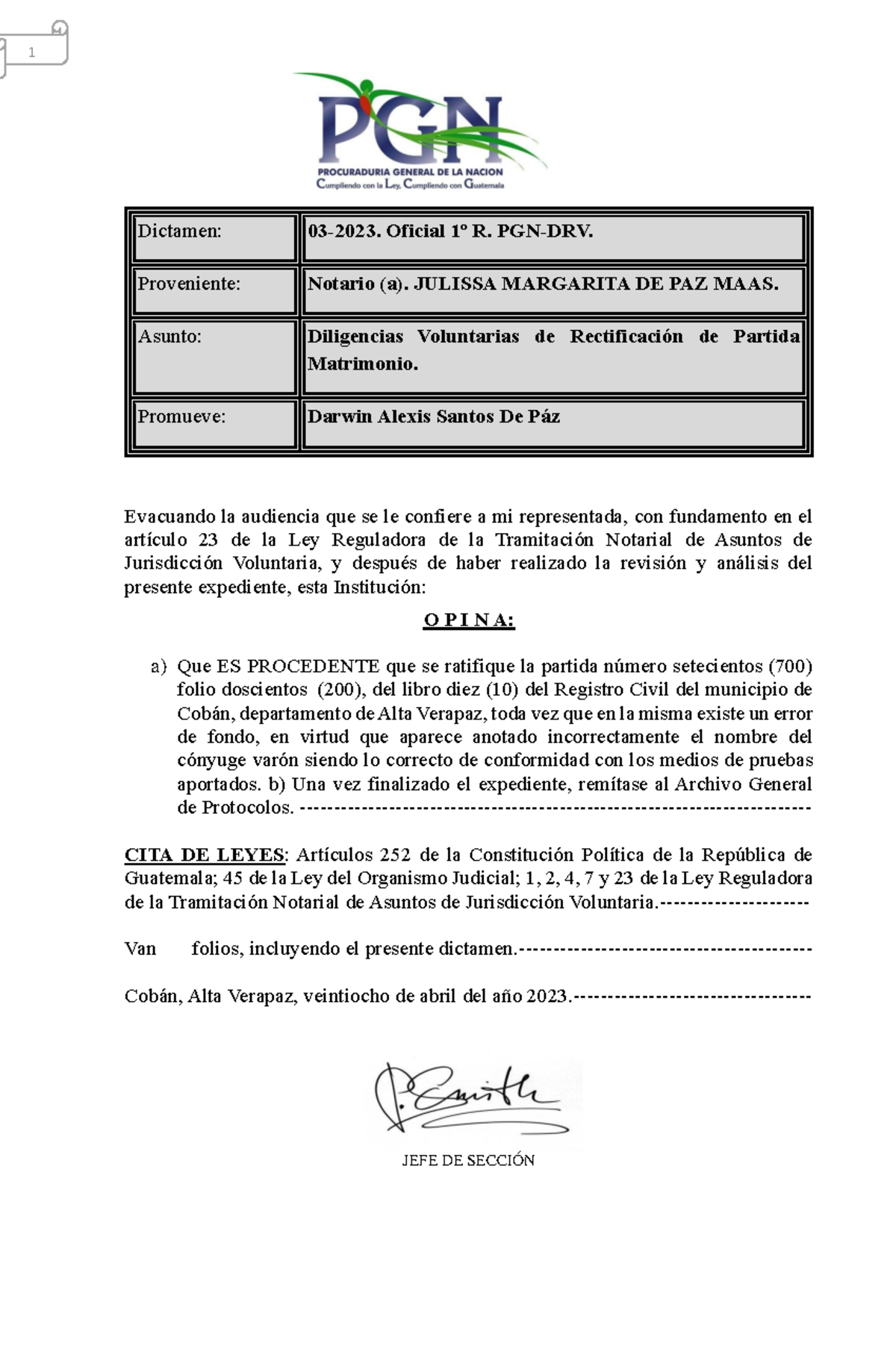 Opinion pgn - EJEMPLOS - Dictamen: 03-2023. Oficial 1º R. PGN-DRV ...